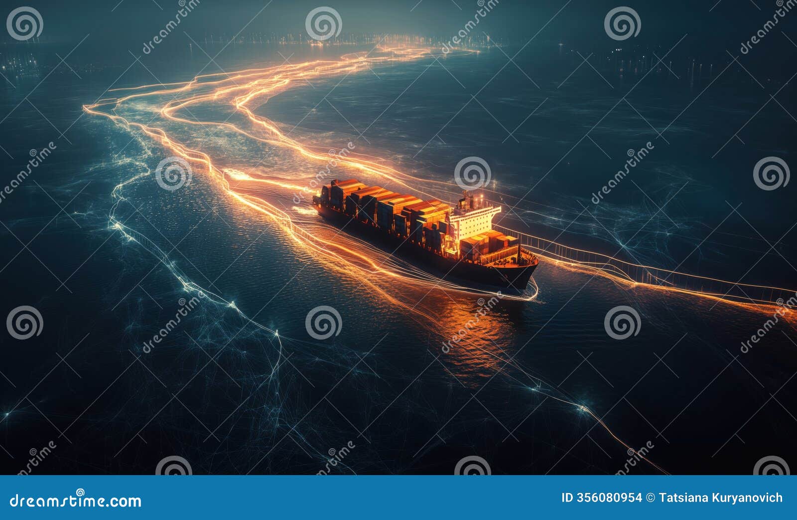 Container Ship Navigating Illuminated Waterway, Vibrant Light Trails ...