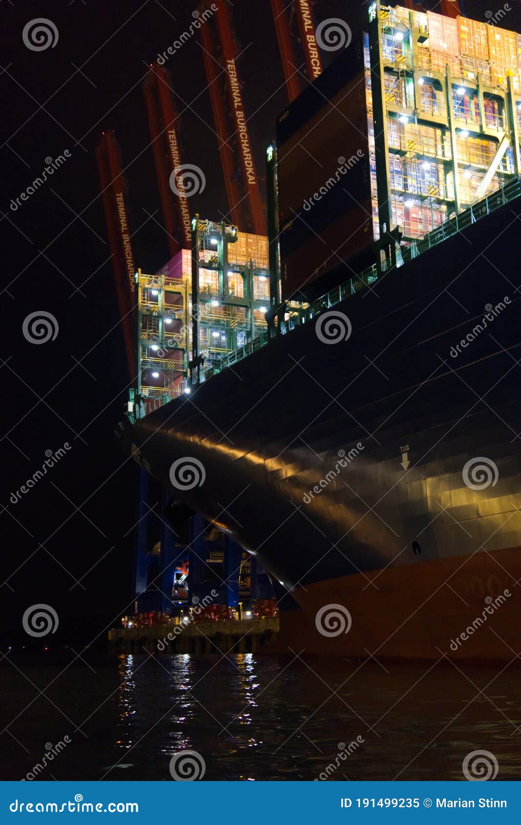 Container Ship in the Harbor at Night Stock Image - Image of reflection ...