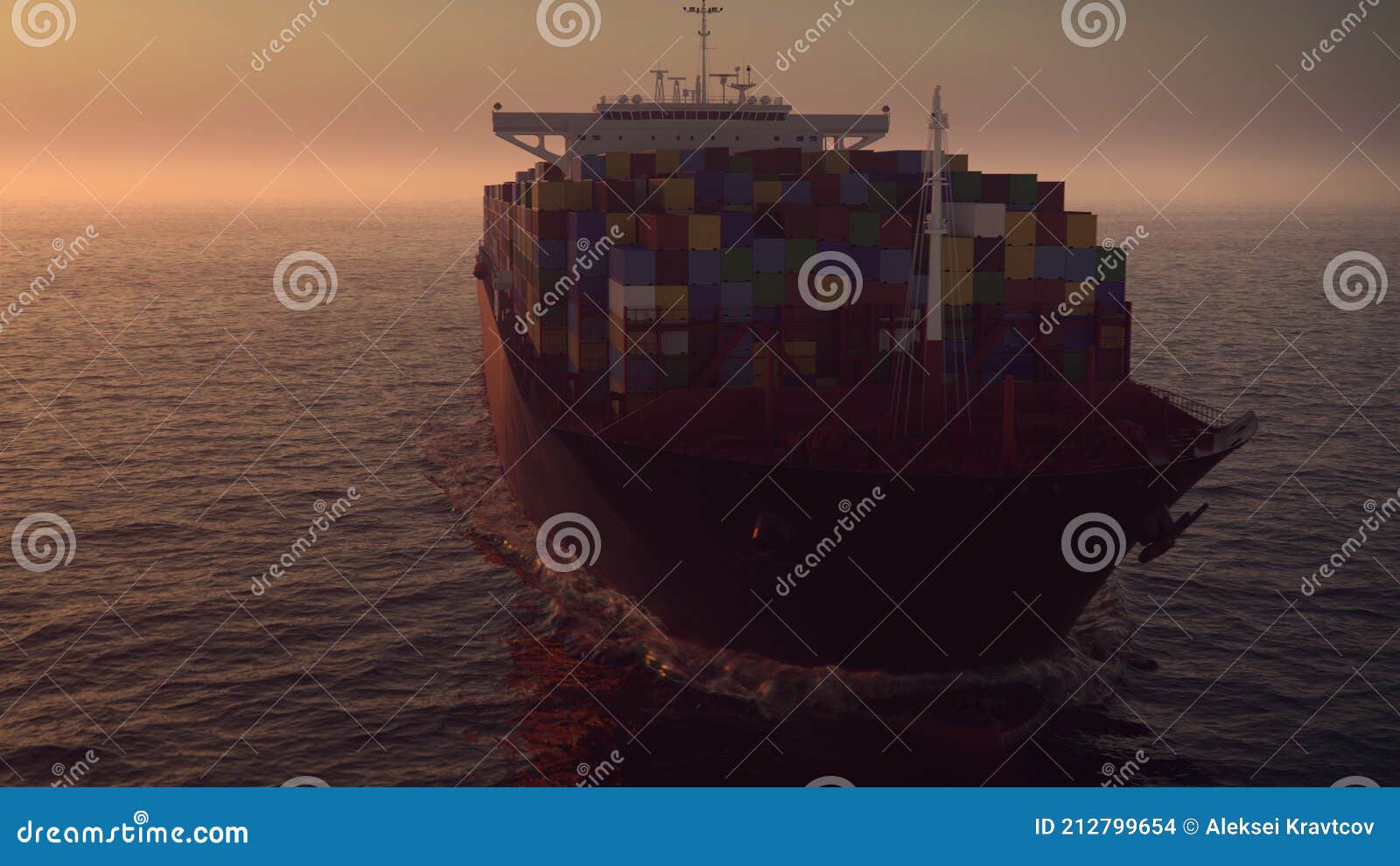 Container Ship in Ocean at Sunset Stock Illustration - Illustration of ...