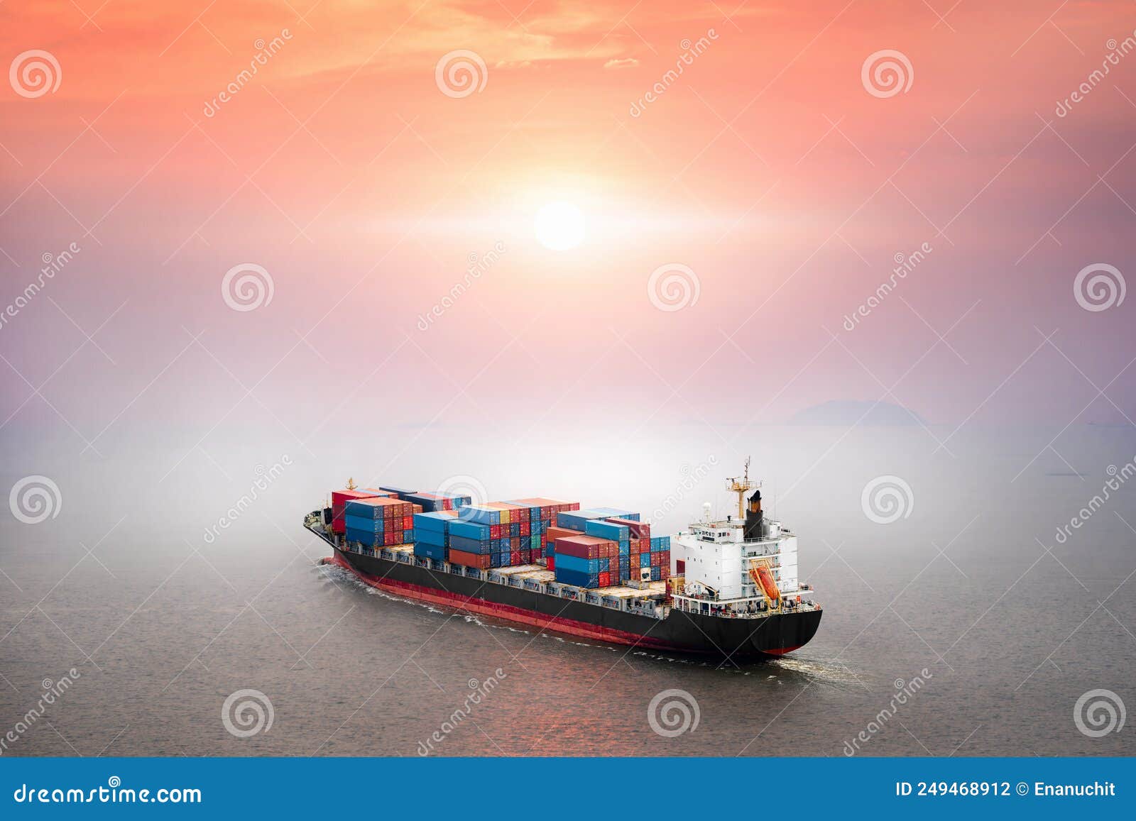 Container Ship in the Ocean at Sunset Sky Background with Copy Space ...