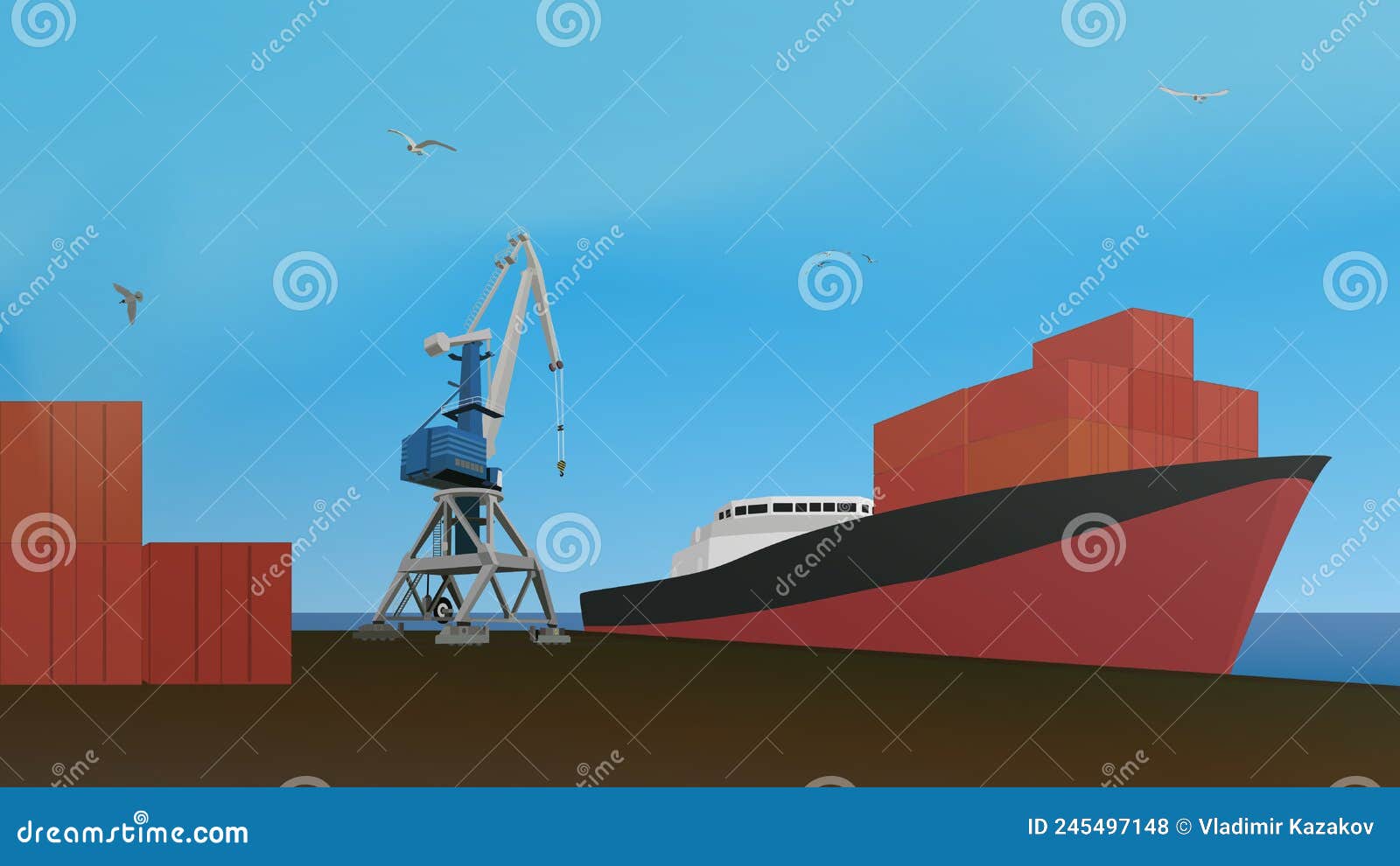 Container Ship in Port and Cargo Crane Stock Vector - Illustration of ...