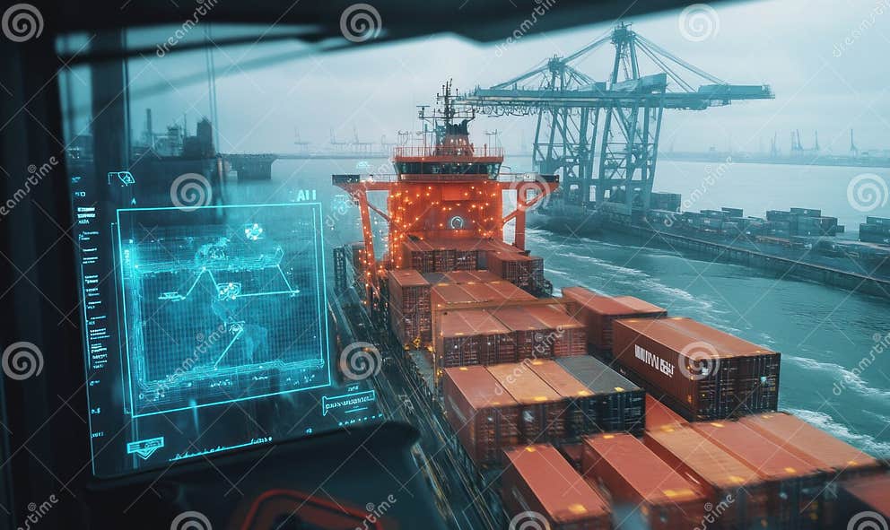 Container Ship with Digital Interface, Port View Stock Photo - Image of ...