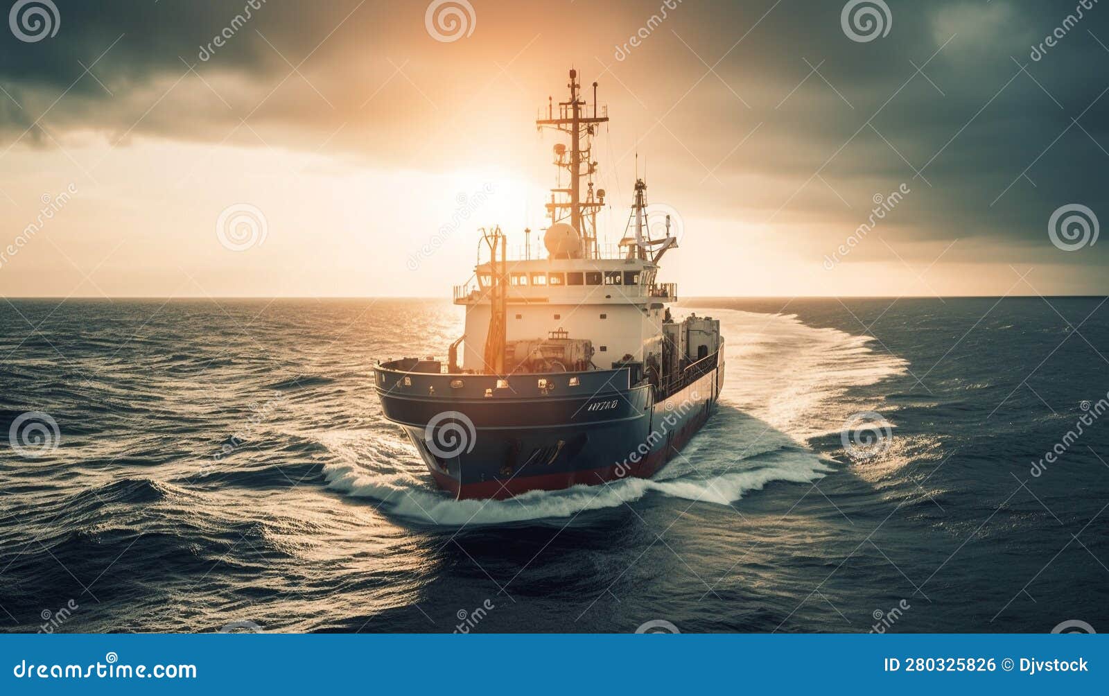 Container Ship Sailing on Blue Waters at Sunset, Transporting Cargo ...