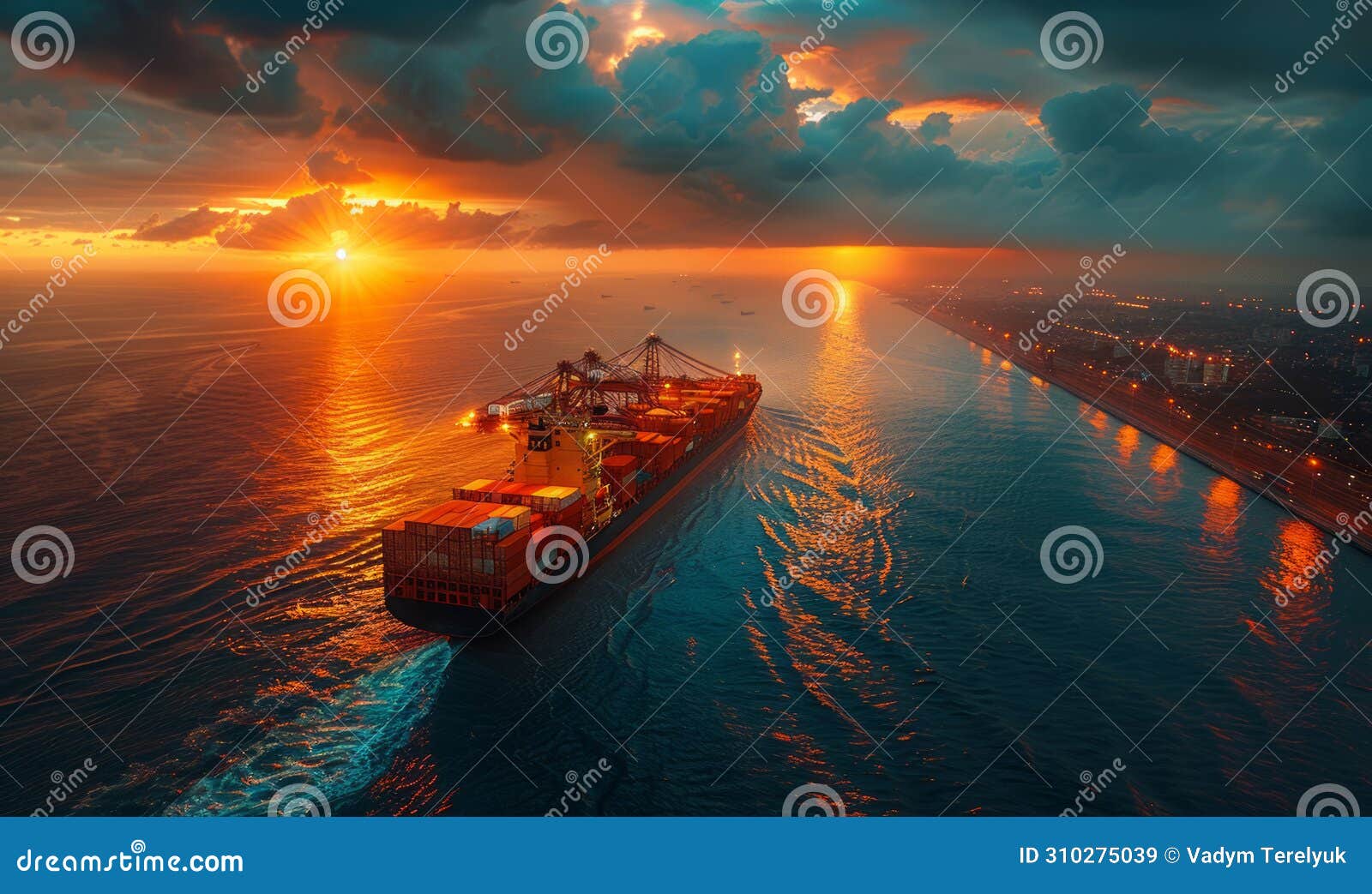 Container Ship Sailing in the Ocean at Sunset Stock Image - Image of ...