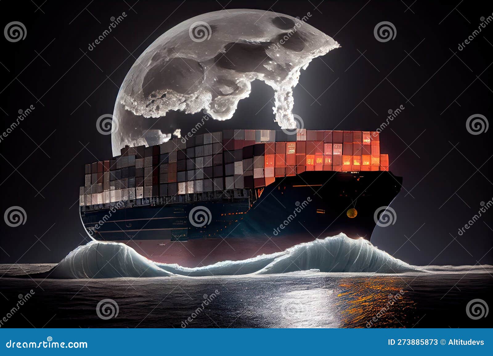 Container Ship Sailing Past the Moon, with Double Exposure Effect Stock ...