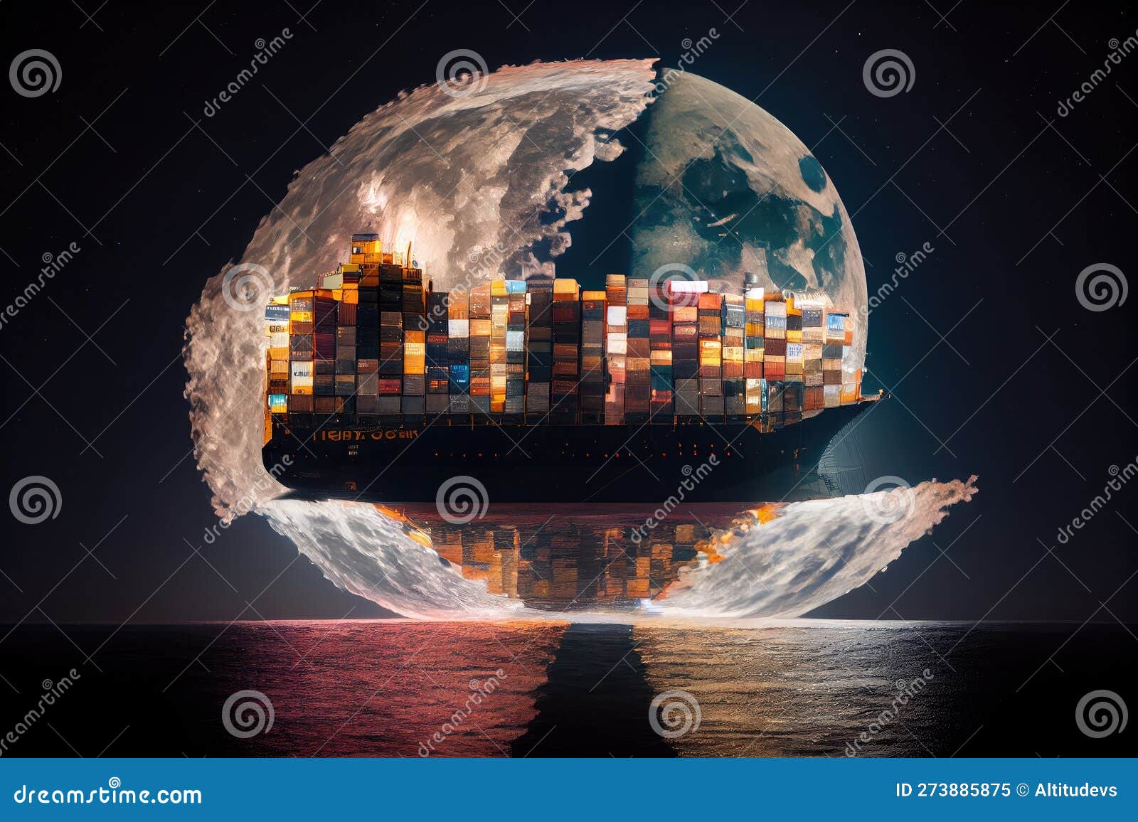 Container Ship Sailing Past the Moon, with Double Exposure Effect Stock ...
