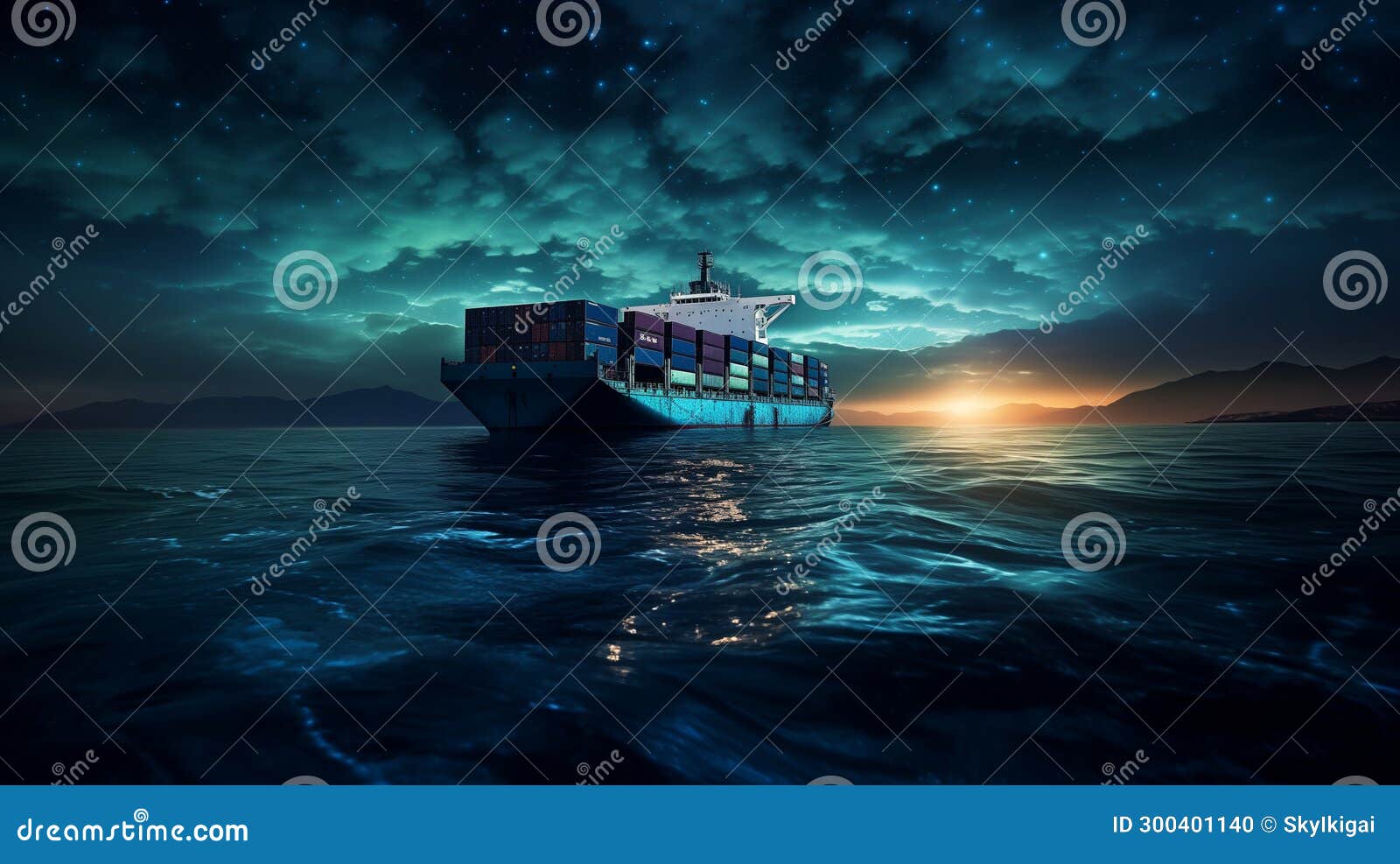 Container Ship Sailing through the Vast Expanse of the Ocean at Night ...