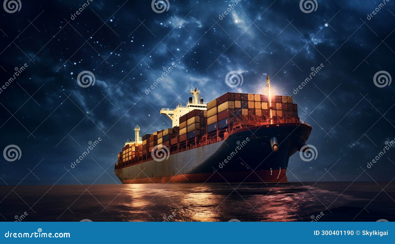 Container Ship Sailing through the Vast Expanse of the Ocean at Night ...