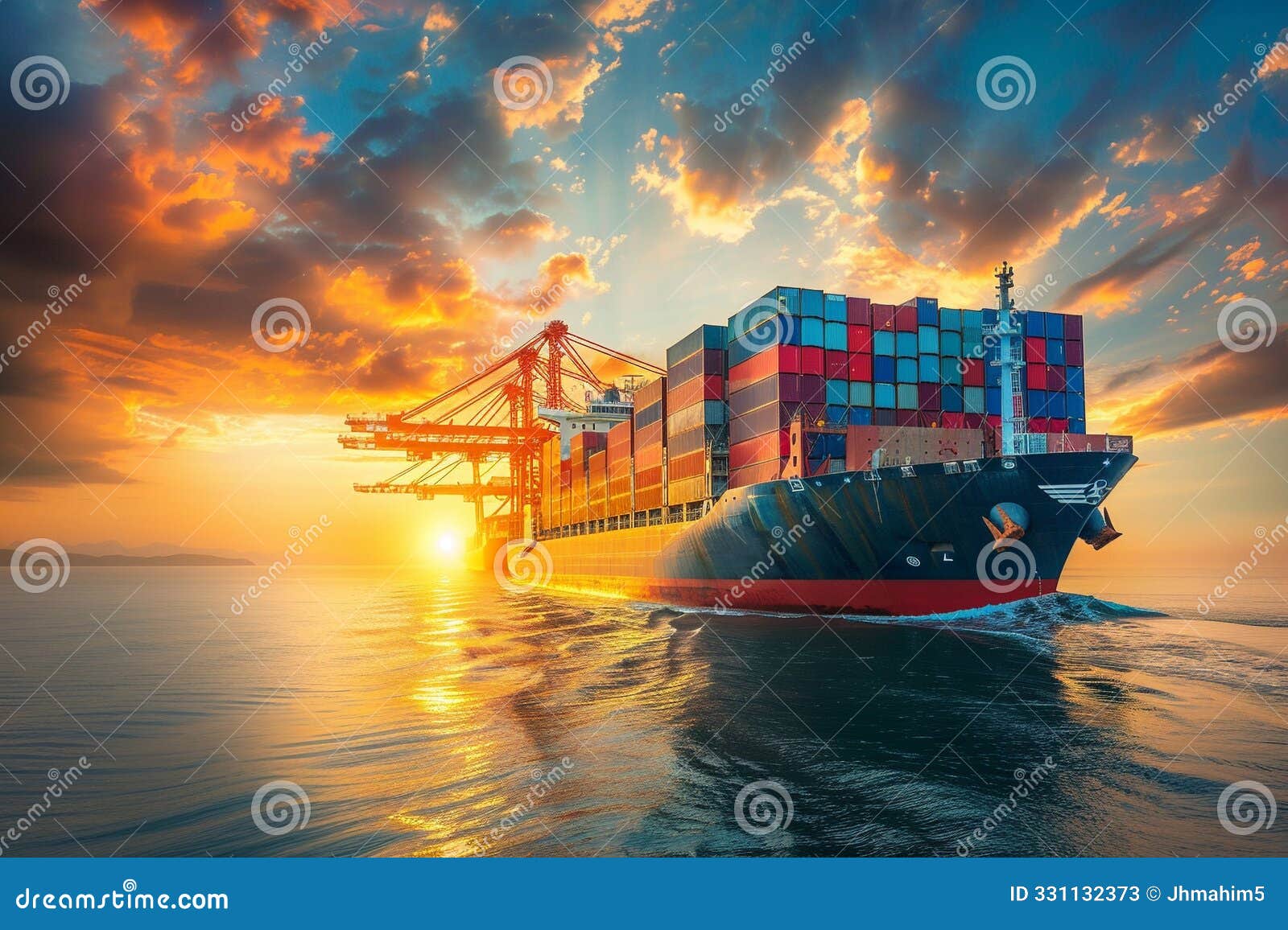 Container Ship at Sunset stock illustration. Illustration of movement ...