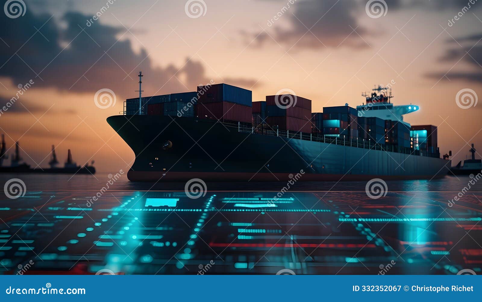 Container Ship Surrounded by Digital Data. Stock Illustration ...