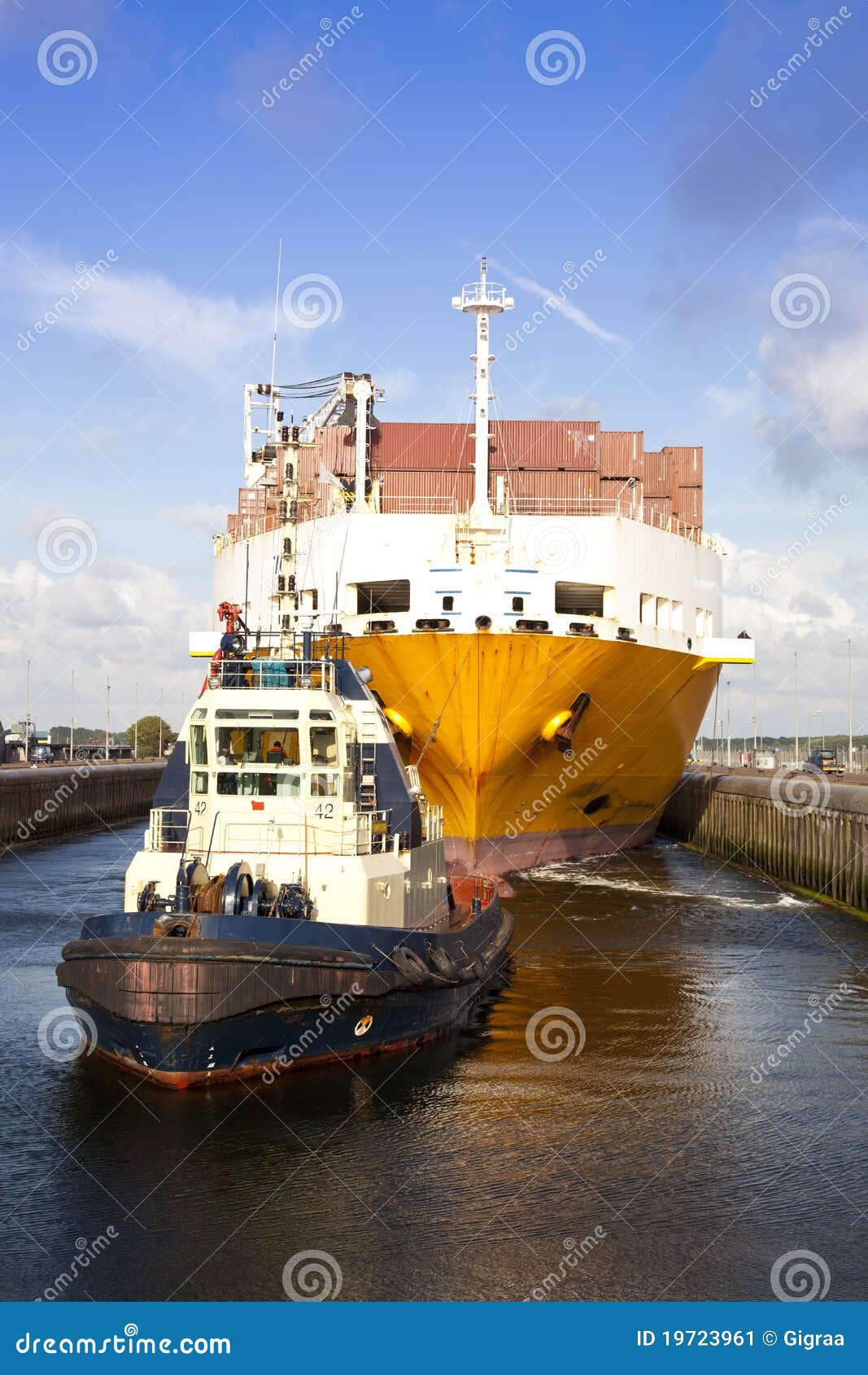 Container Ship with Tug Boat in Lock Stock Image - Image of dock, lock ...