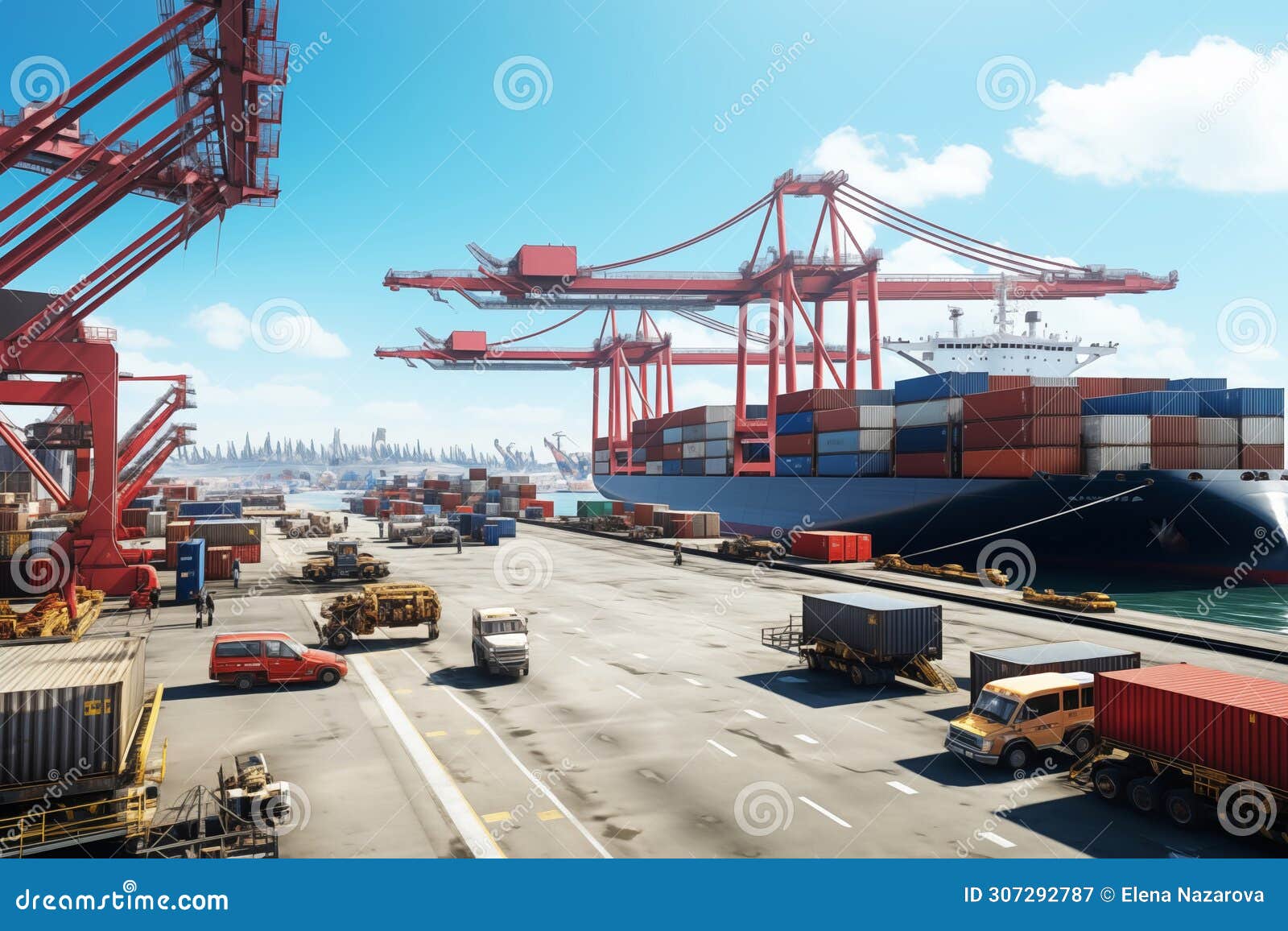 Container Ship Unloading Freight or Loads Cargo at Industrial Port ...