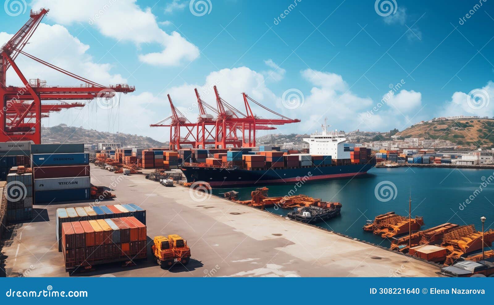 Container Ship Unloading Freight or Loads Cargo at Industrial Port ...