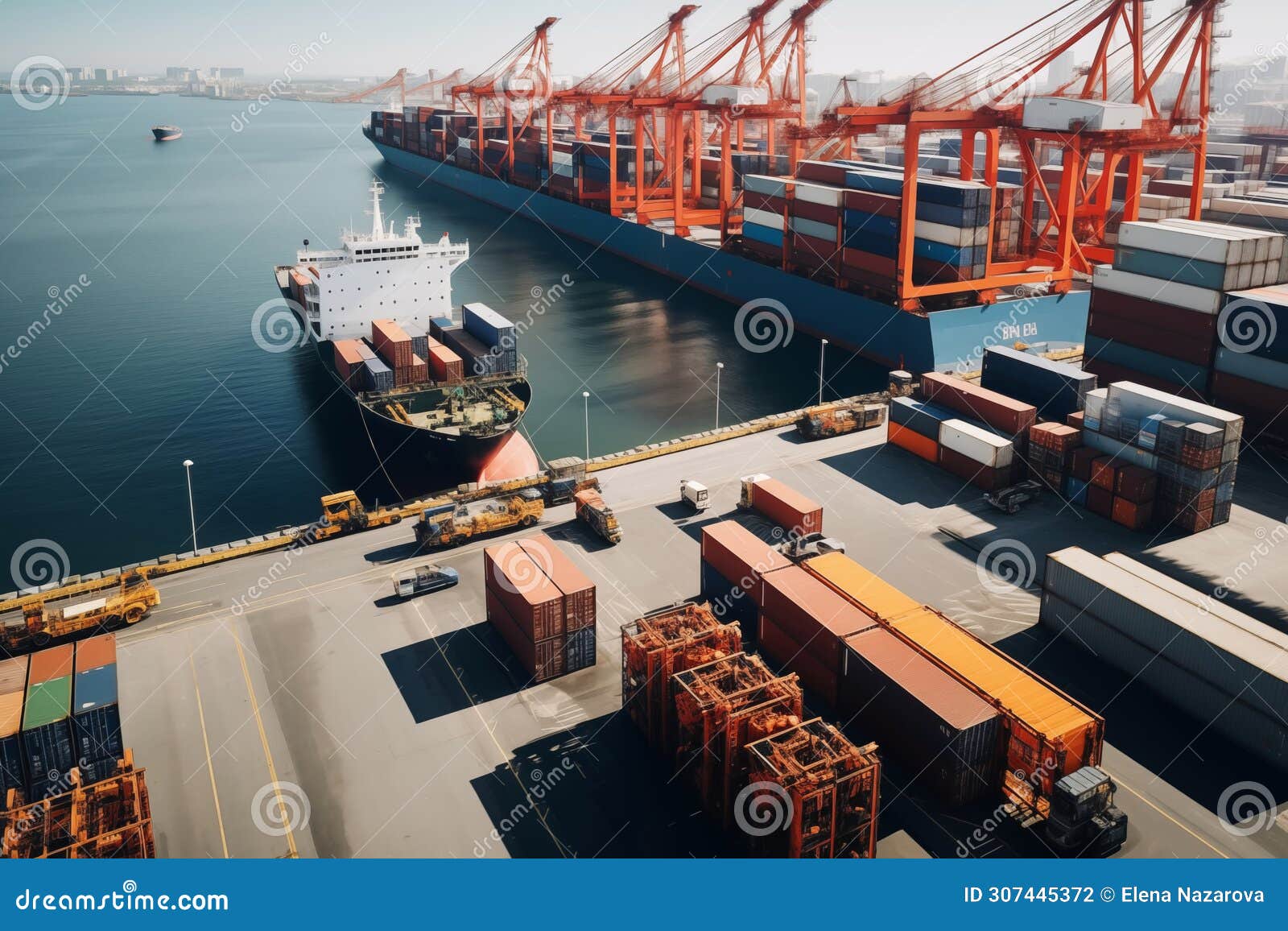 Container Ship Unloading Freight or Loads Cargo at Industrial Port ...