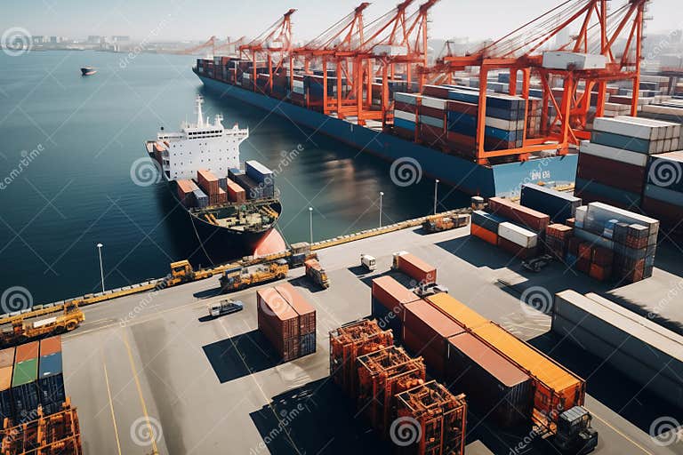Container Ship Unloading Freight or Loads Cargo at Industrial Port ...