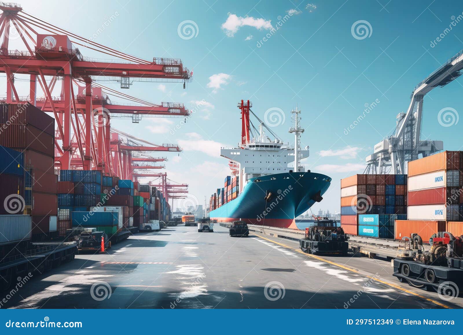Container Ship Unloading Freight or Loads Cargo at Industrial Port ...