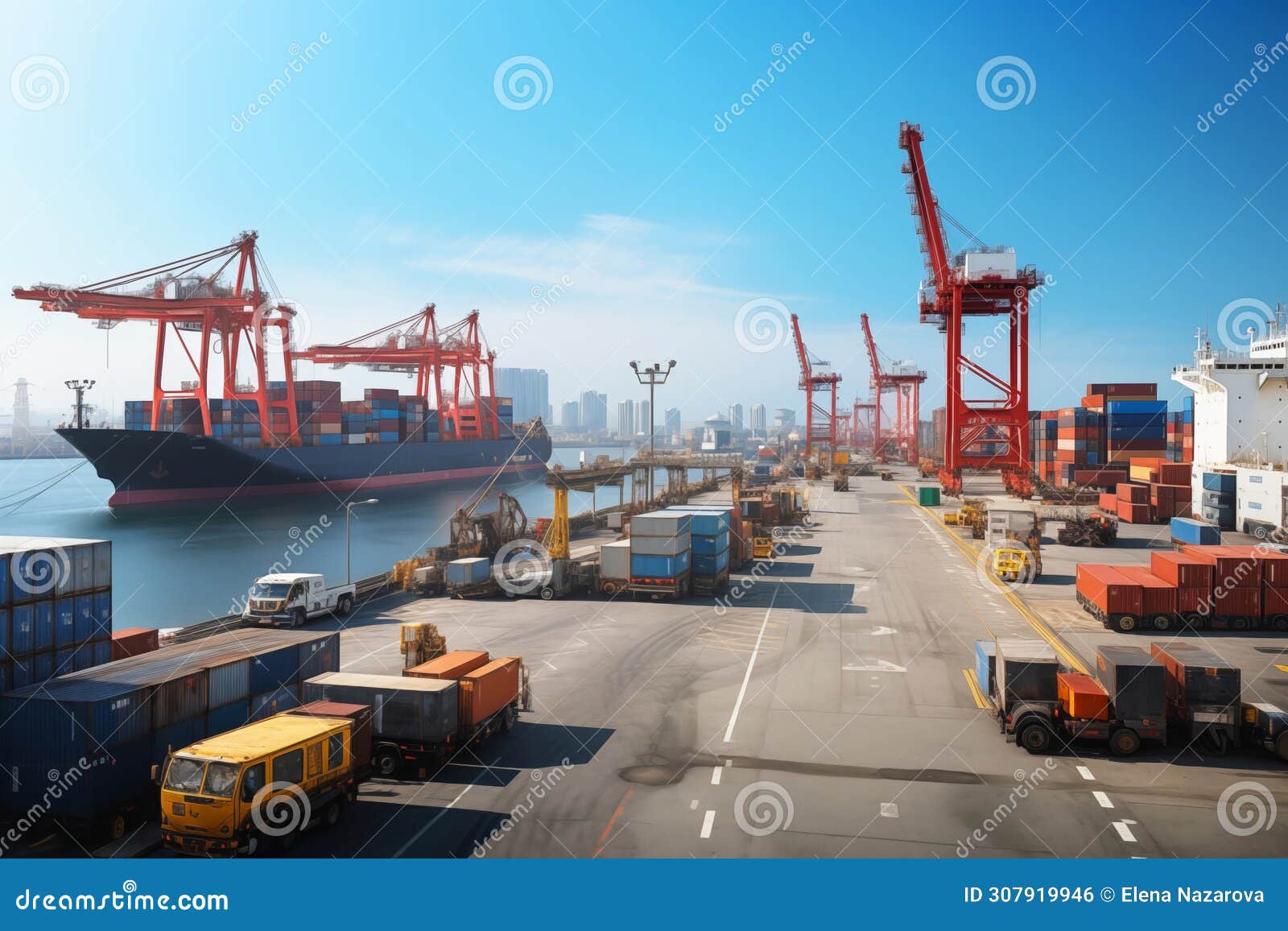 Container Ship Unloading Freight or Loads Cargo at Industrial Port ...