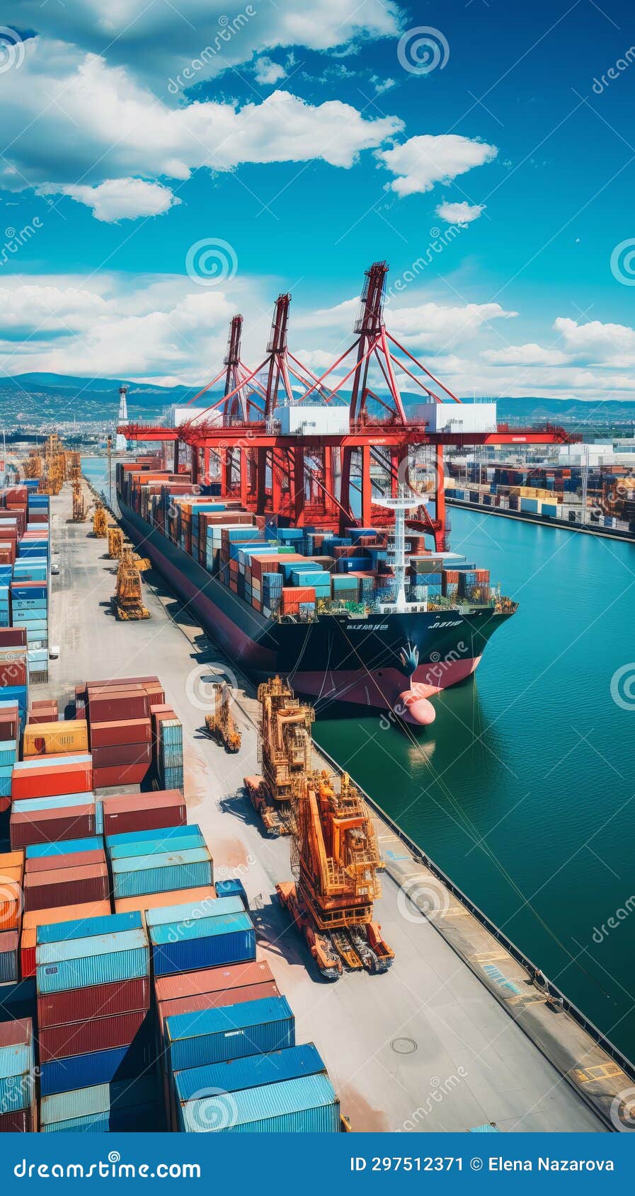 Container Ship Unloading Freight or Loads Cargo at Industrial Port ...