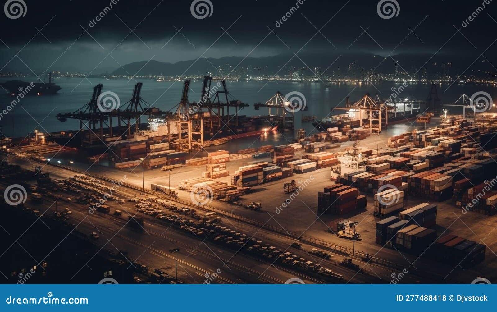 Container Ship Unloading at Illuminated Commercial Dock Generated by AI ...
