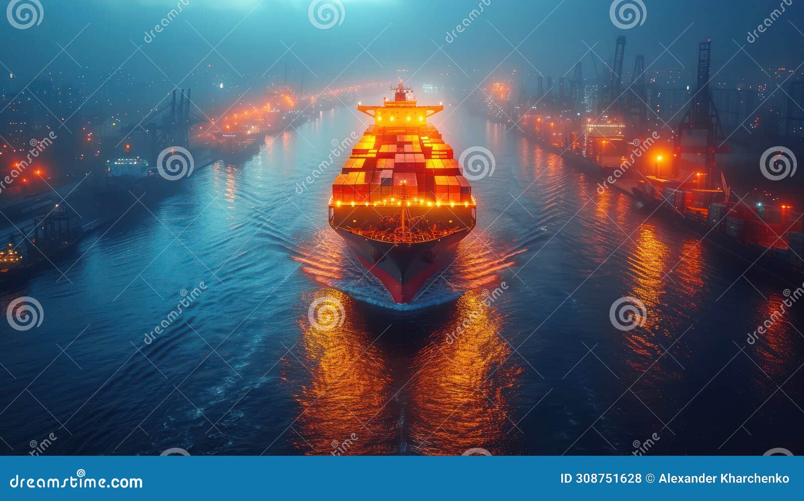 Container Ship Vessel Navigating through Night Shipping Terminal ...