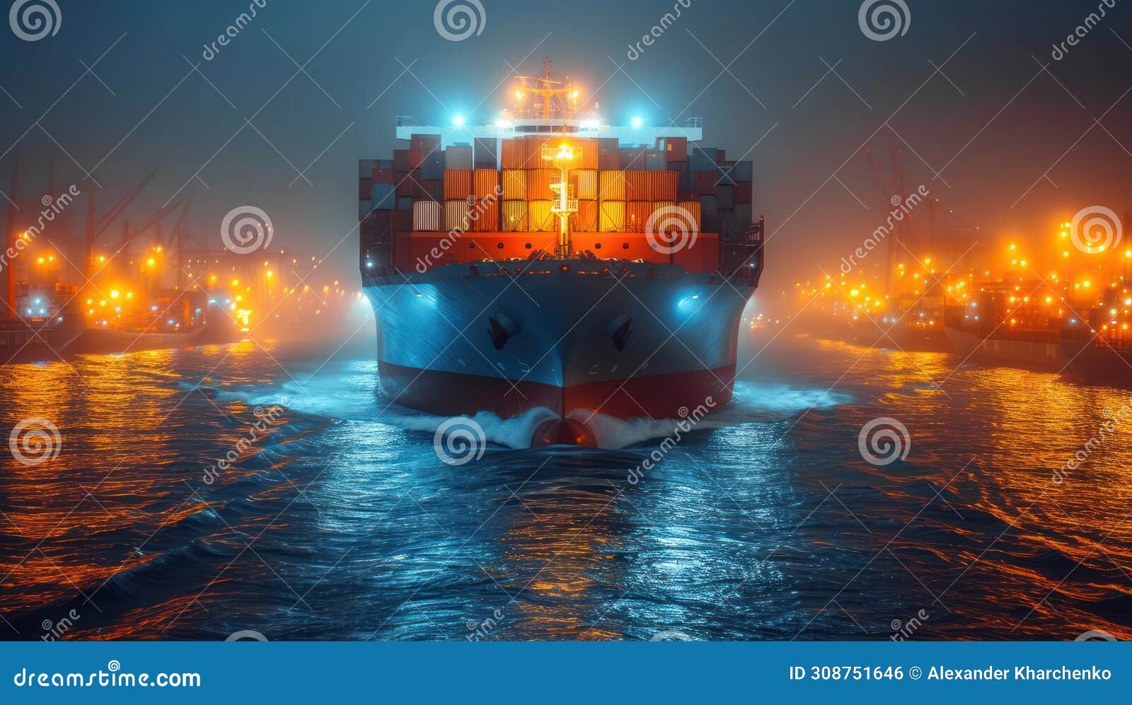 Container Ship Vessel Navigating through Night Shipping Terminal ...