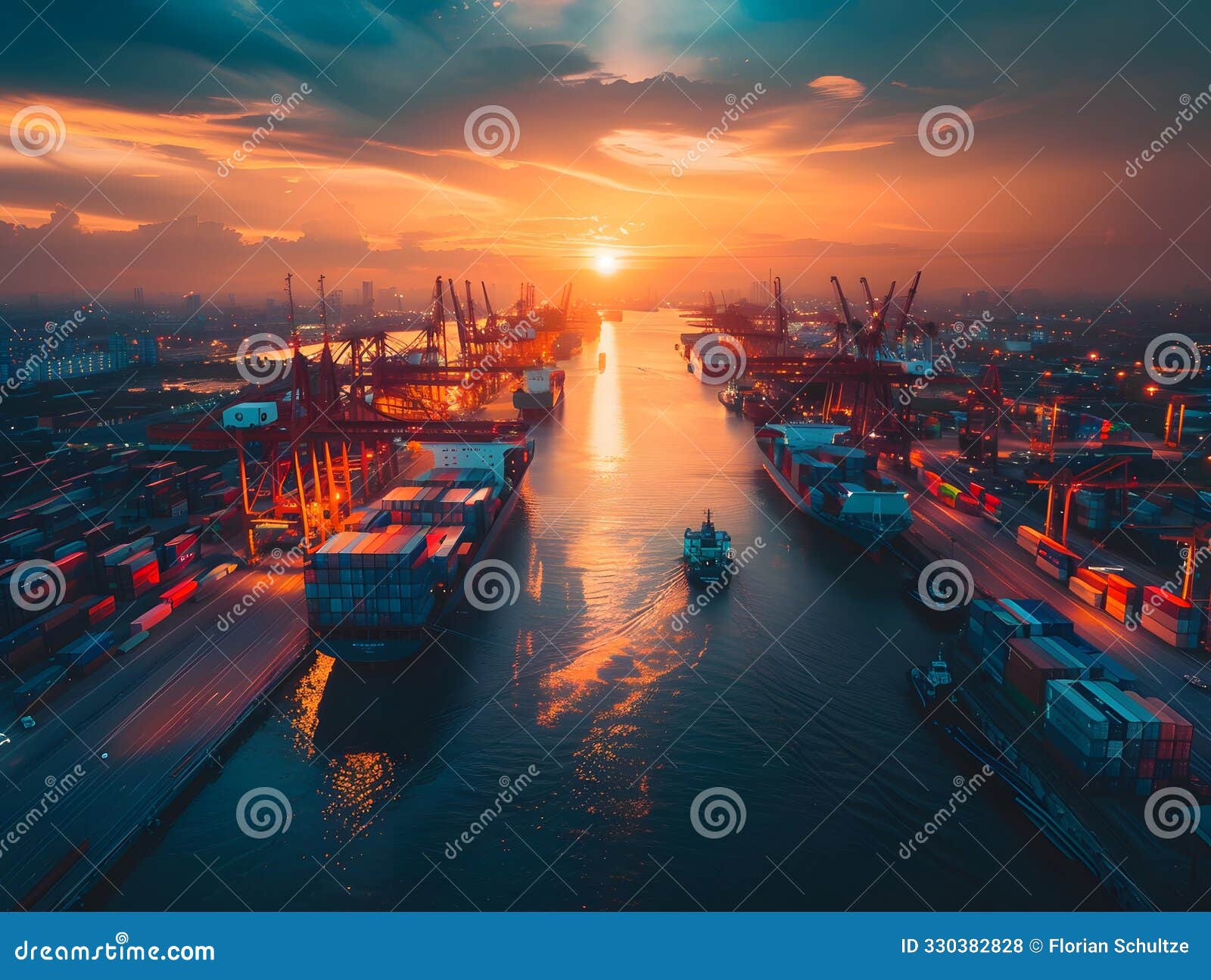 Container Ships Docked in a Port at Sunset Stock Illustration ...