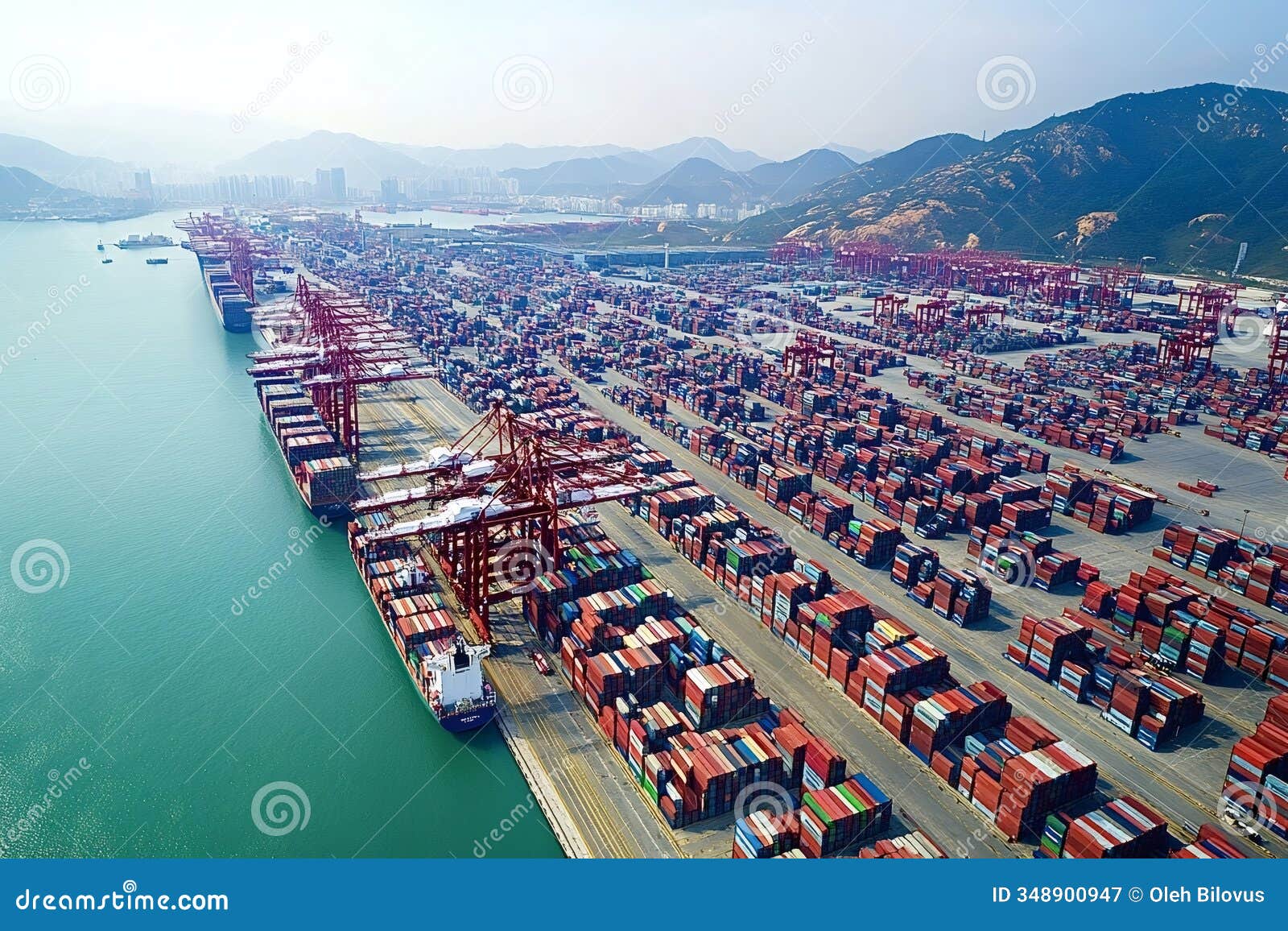 Container Ships Docking and Unloading at a Busy Cargo Port Stock Image ...