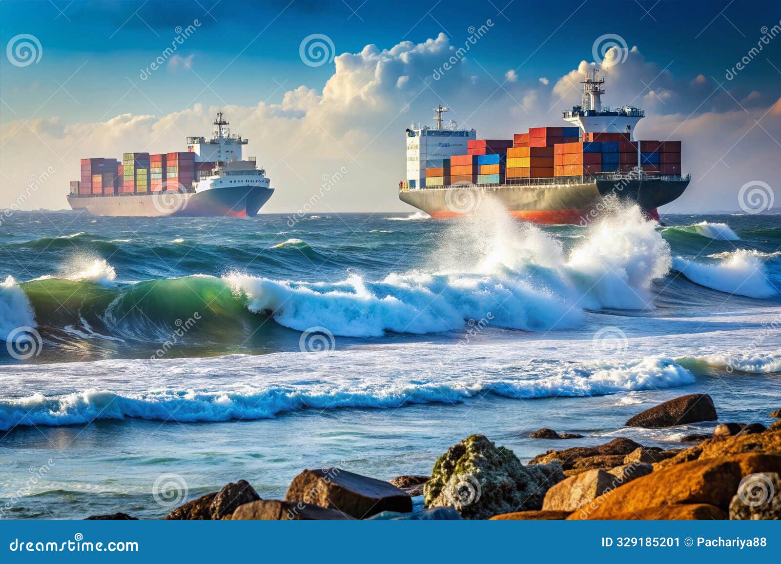 Container Ships on the Ocean with Breaking Waves and Rocks in the ...