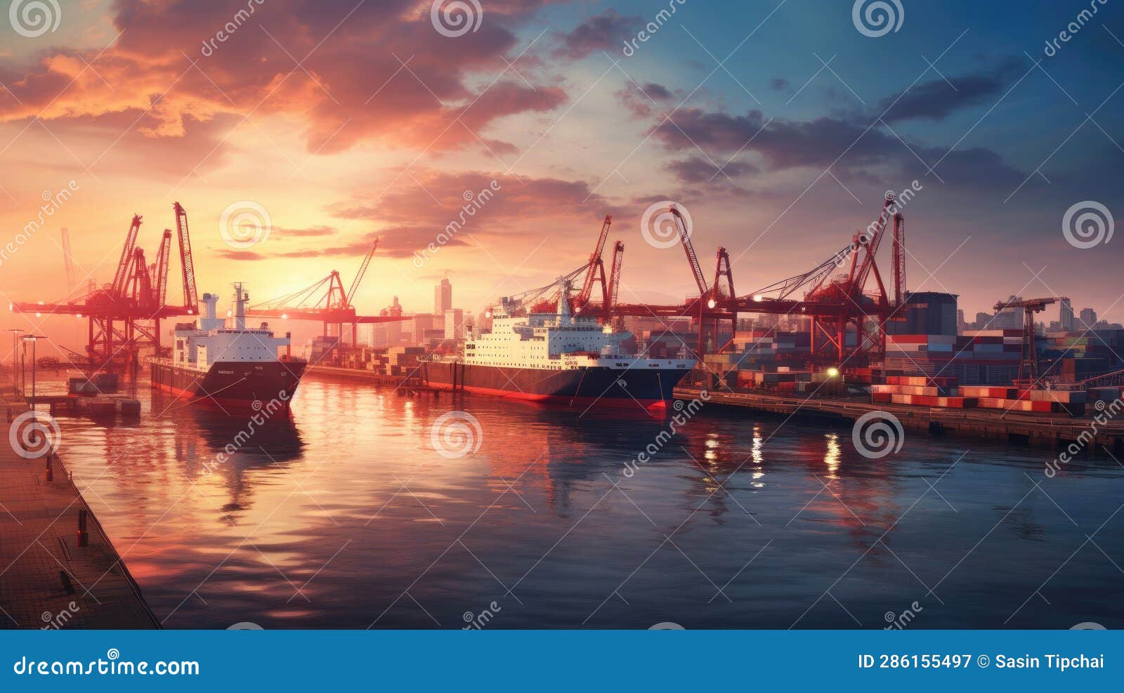 Container Ships in the Port at Sunset Stock Illustration - Illustration ...