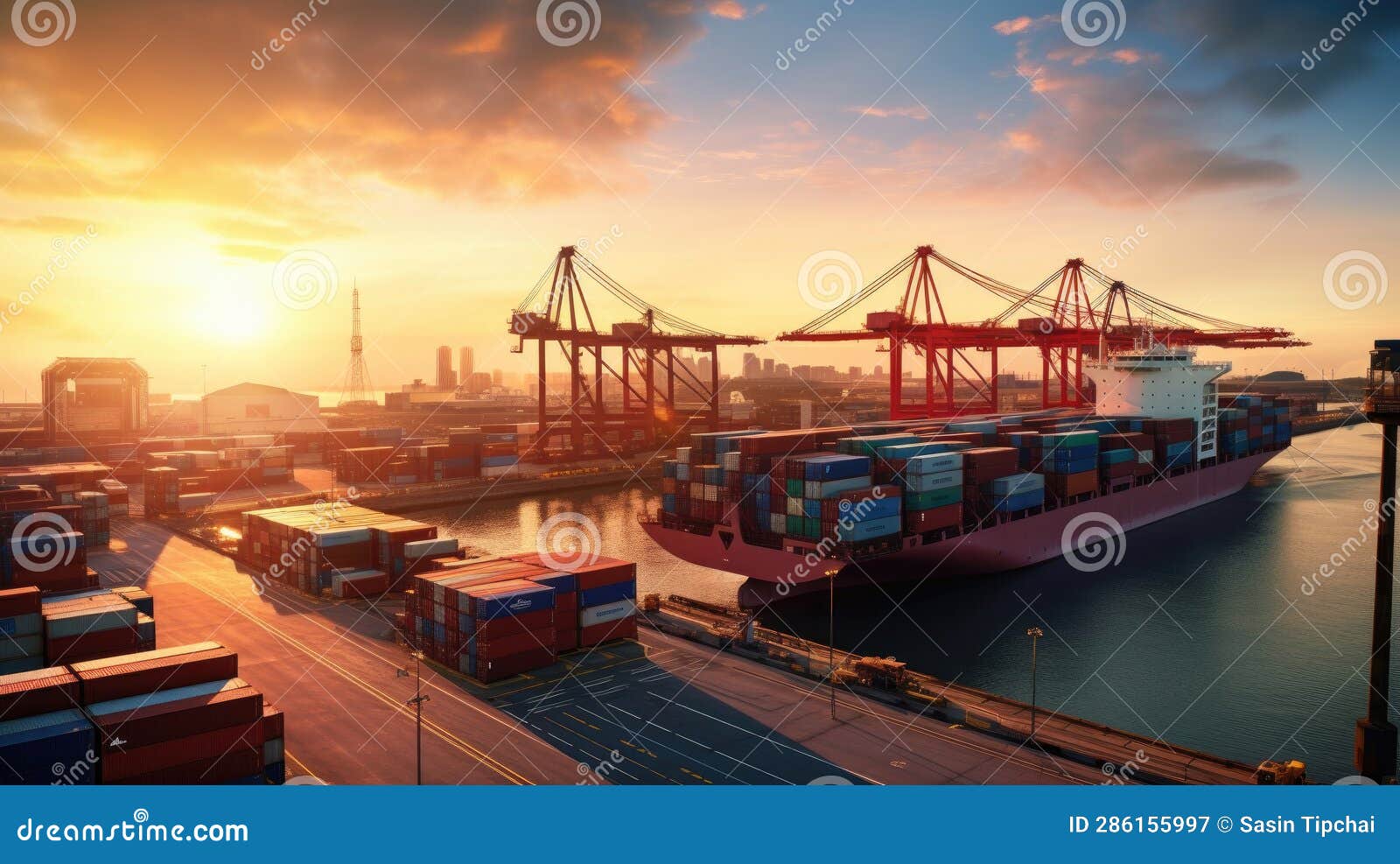 Container Ships in the Port at Sunset Stock Illustration - Illustration ...