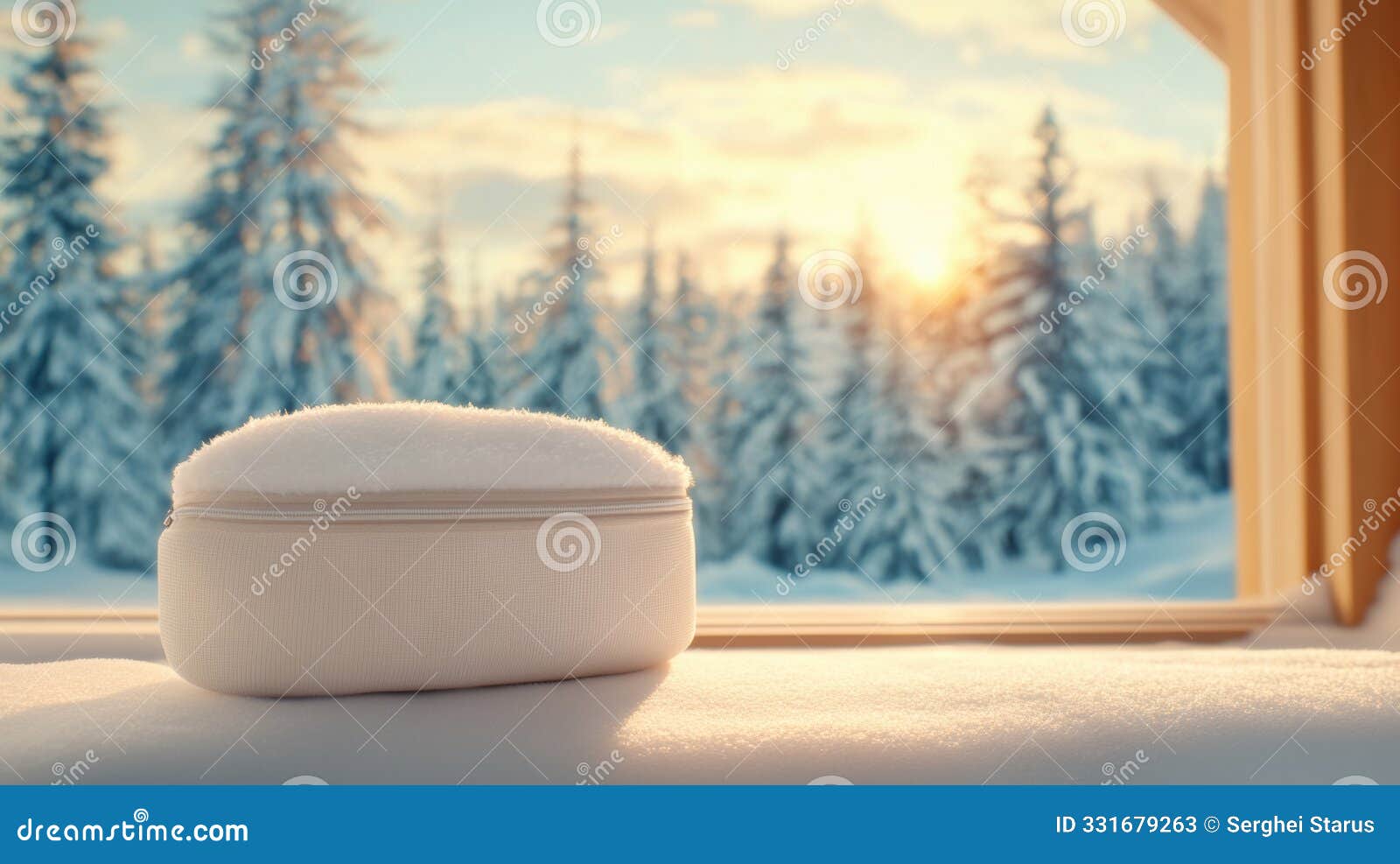 A Container of Snow Sitting on a Window Sill in Front of Trees, AI ...