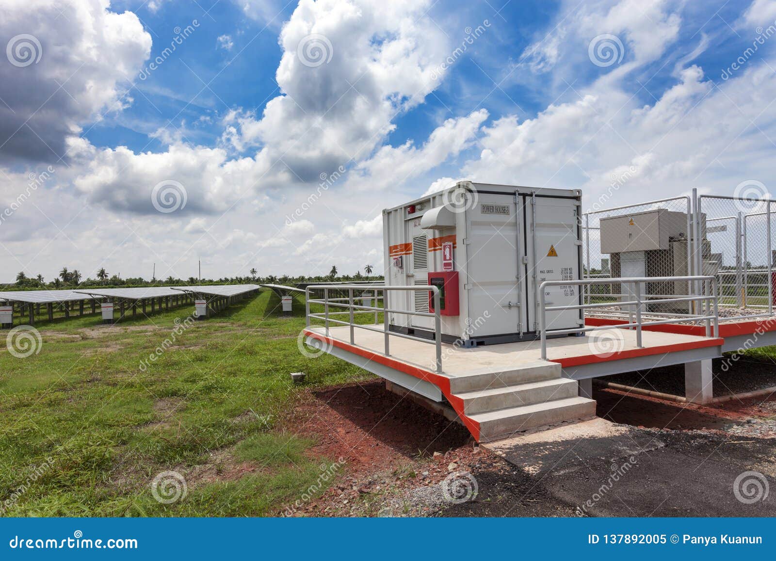 Container with Solar System Control in Solar Farm Stock Image - Image ...