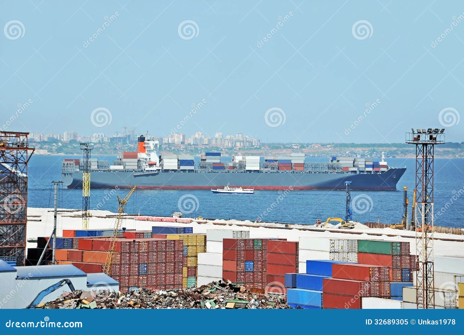 Container stack and ship stock image. Image of industrial - 32689305