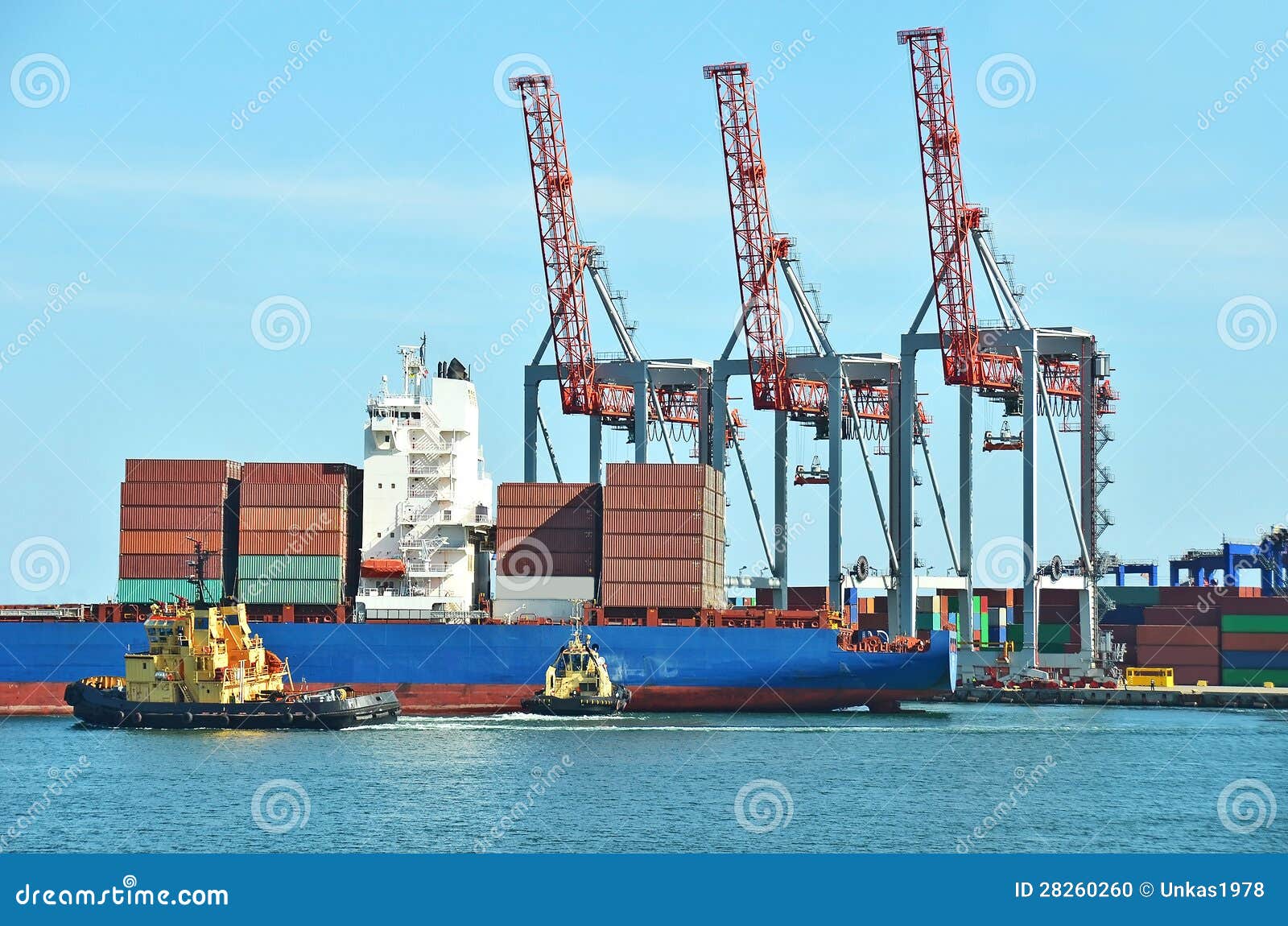 Container Stack, Ship and Tugboat Stock Photo - Image of safe, boat ...