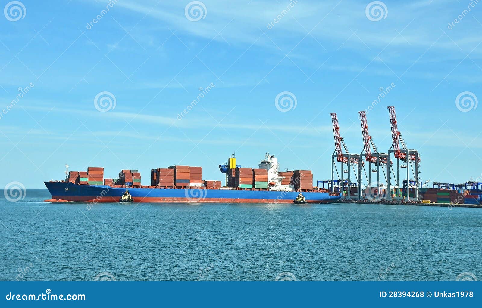 Container Stack, Ship and Tugboat Stock Photo - Image of davit, boat ...