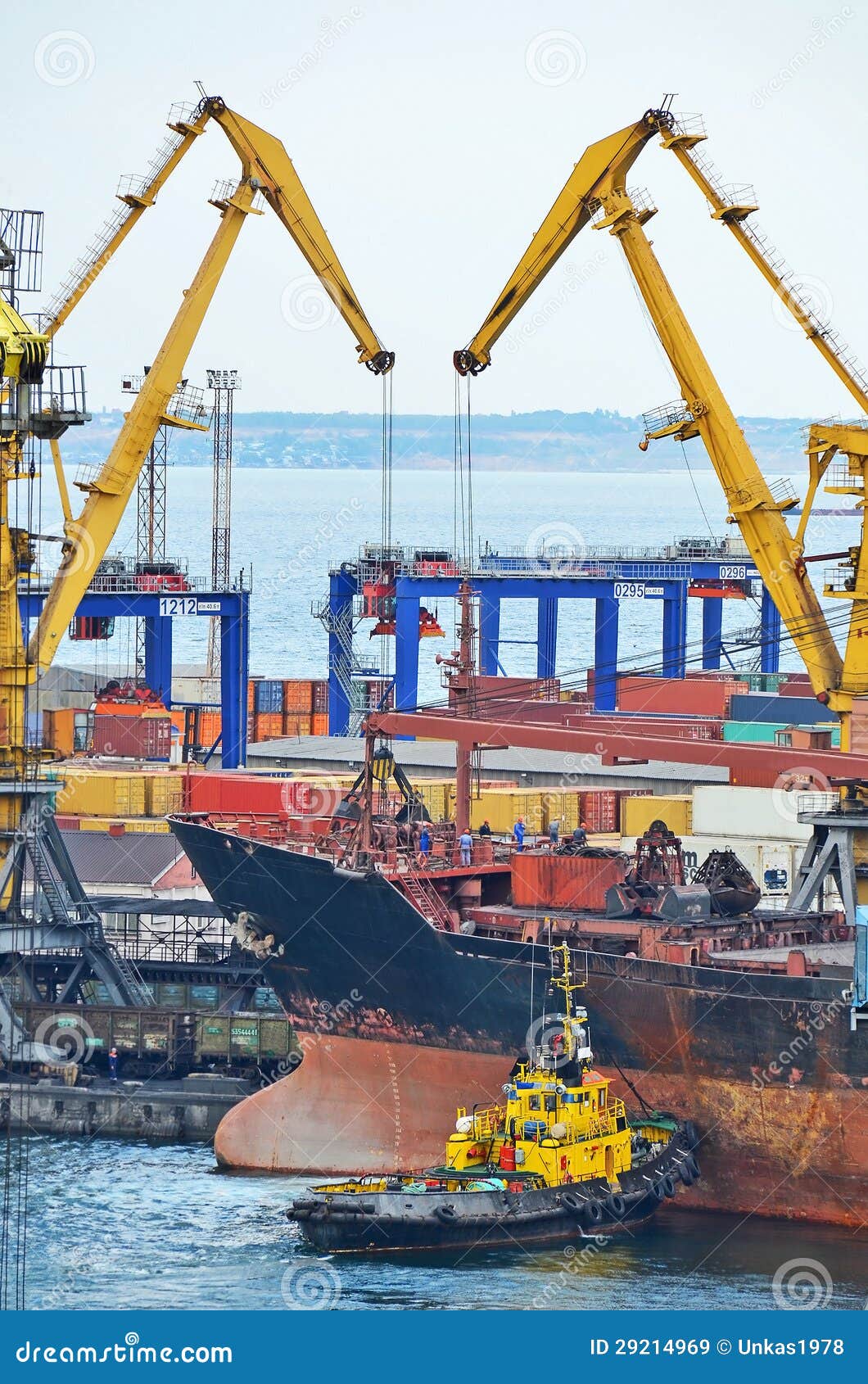 Container Stack, Ship and Tugboat Stock Image - Image of bunder ...