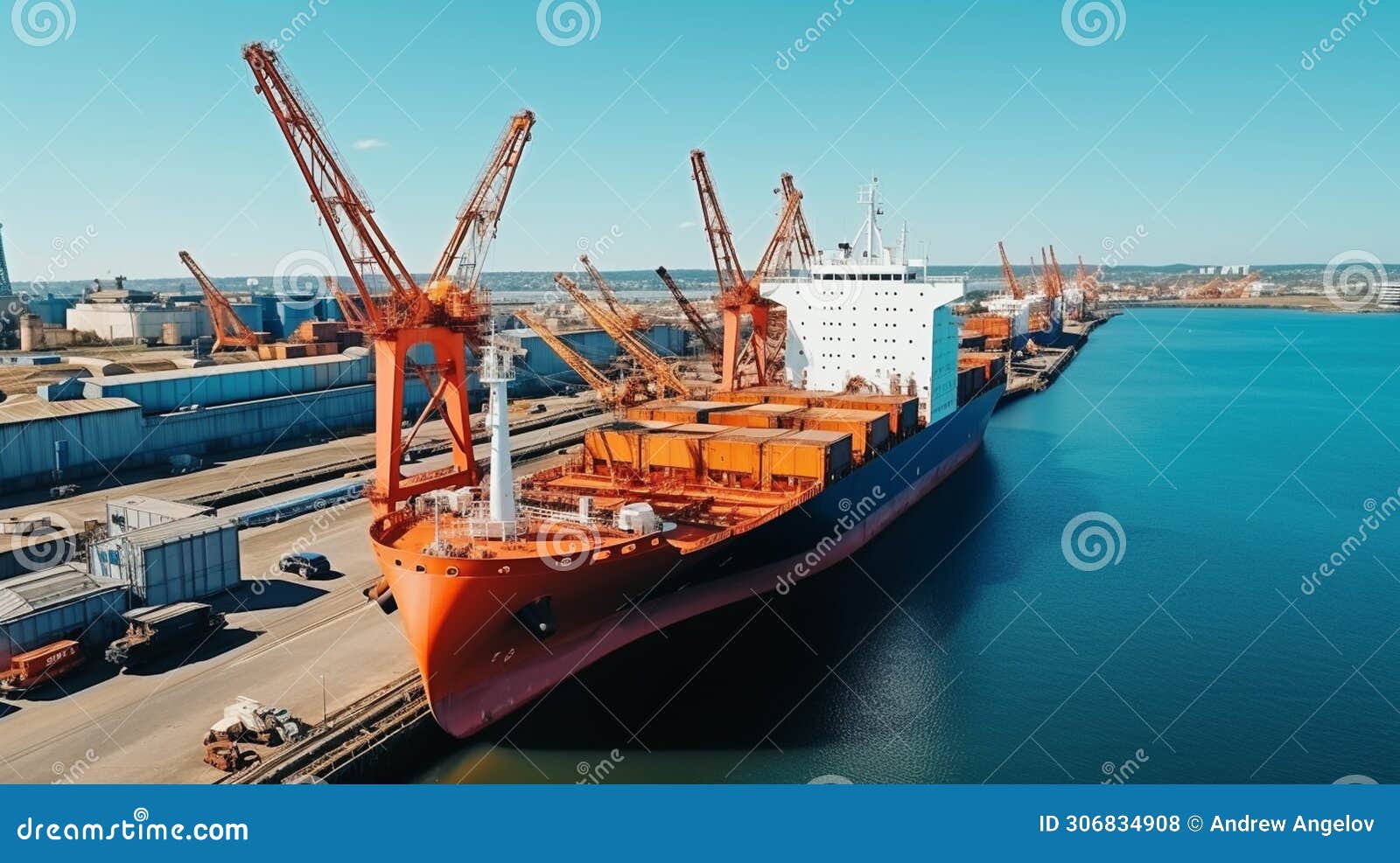 Container Stack and Ship Under Crane Bridge Stock Photo - Image of ...