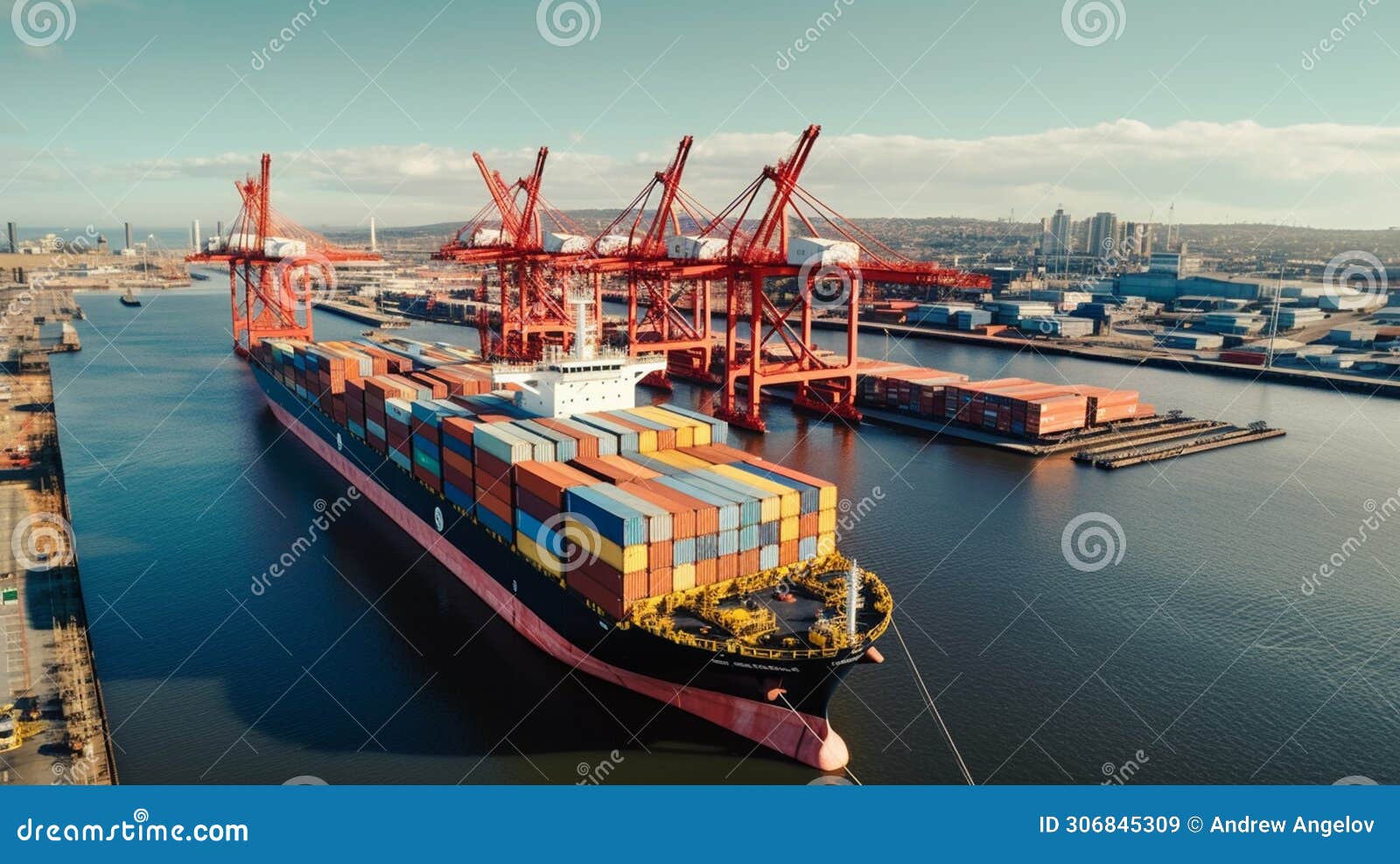 Container Stack and Ship Under Crane Bridge Stock Image - Image of ...