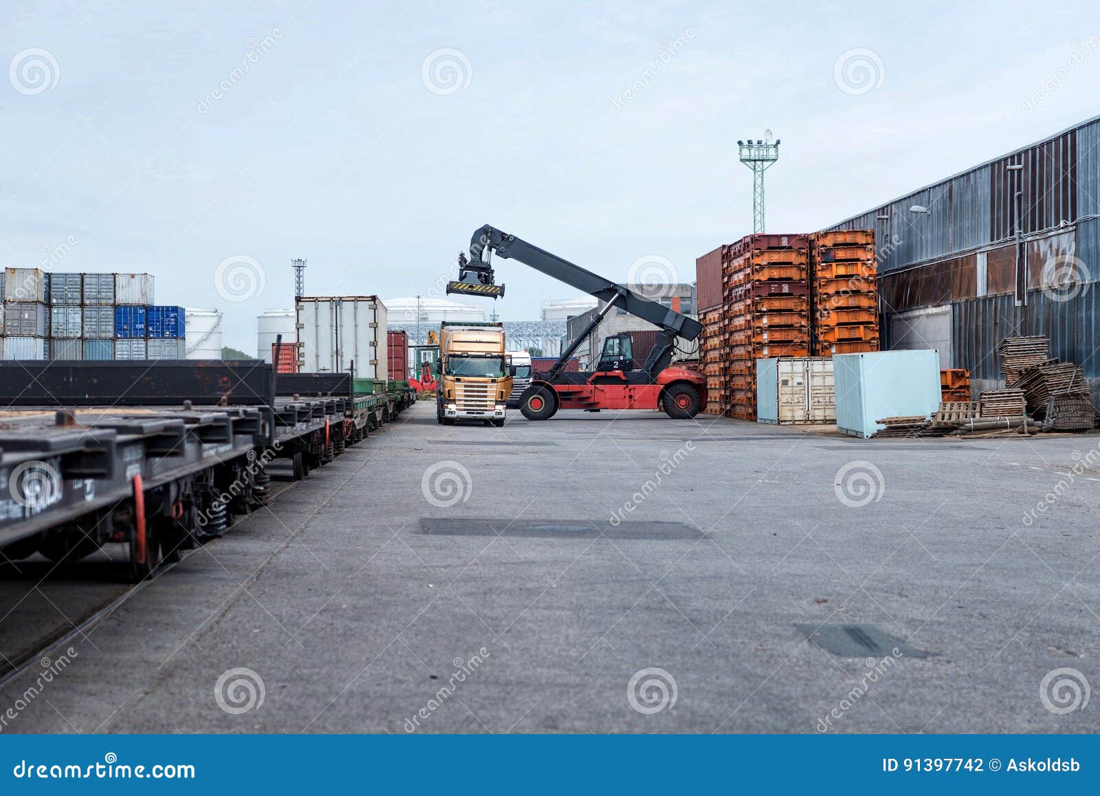 Container Stacker Unloads Trucks. Stock Photo - Image of terminal ...