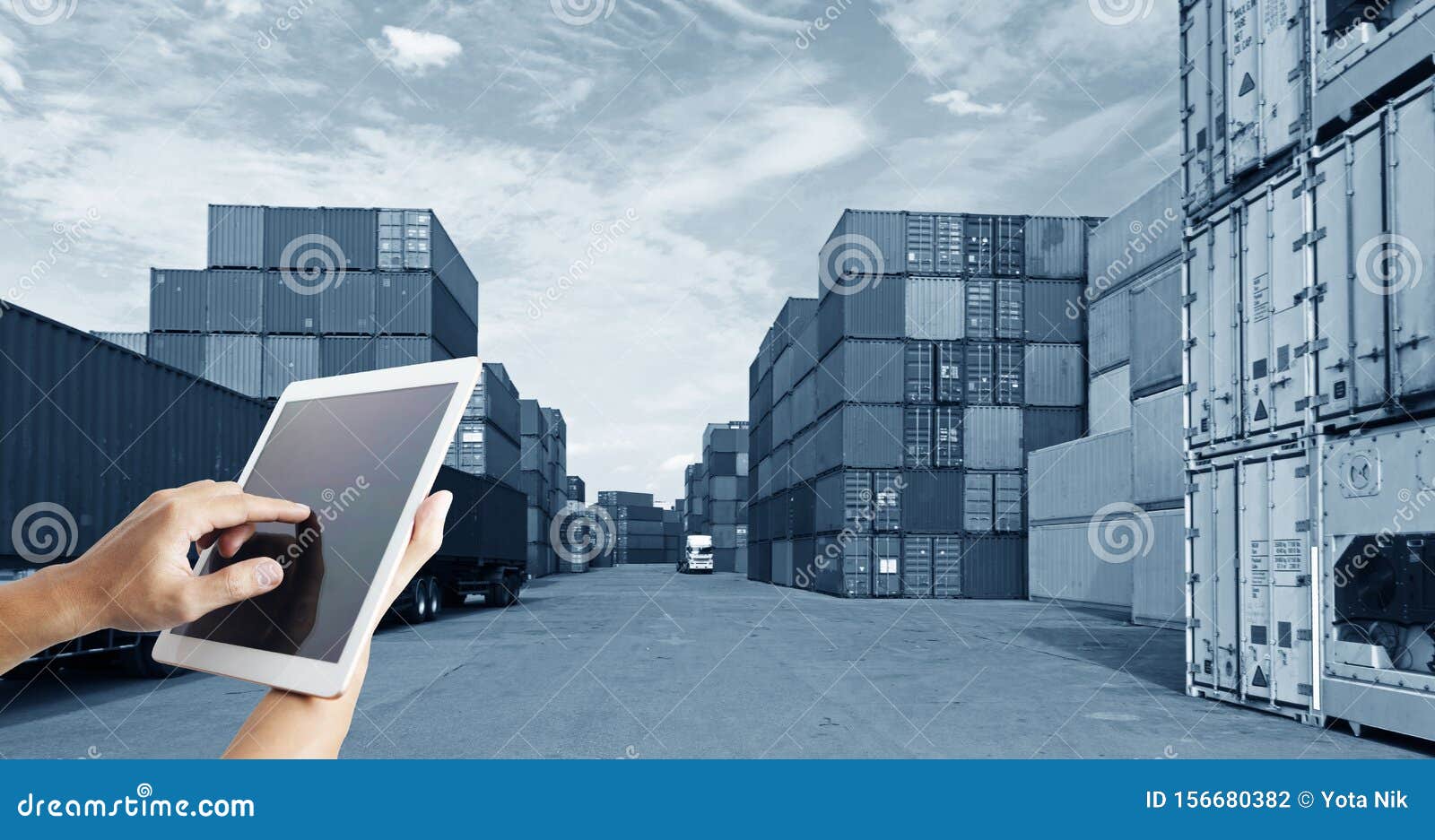 Container Storage Depot Yard in Blue Tone with People Hand on Using ...