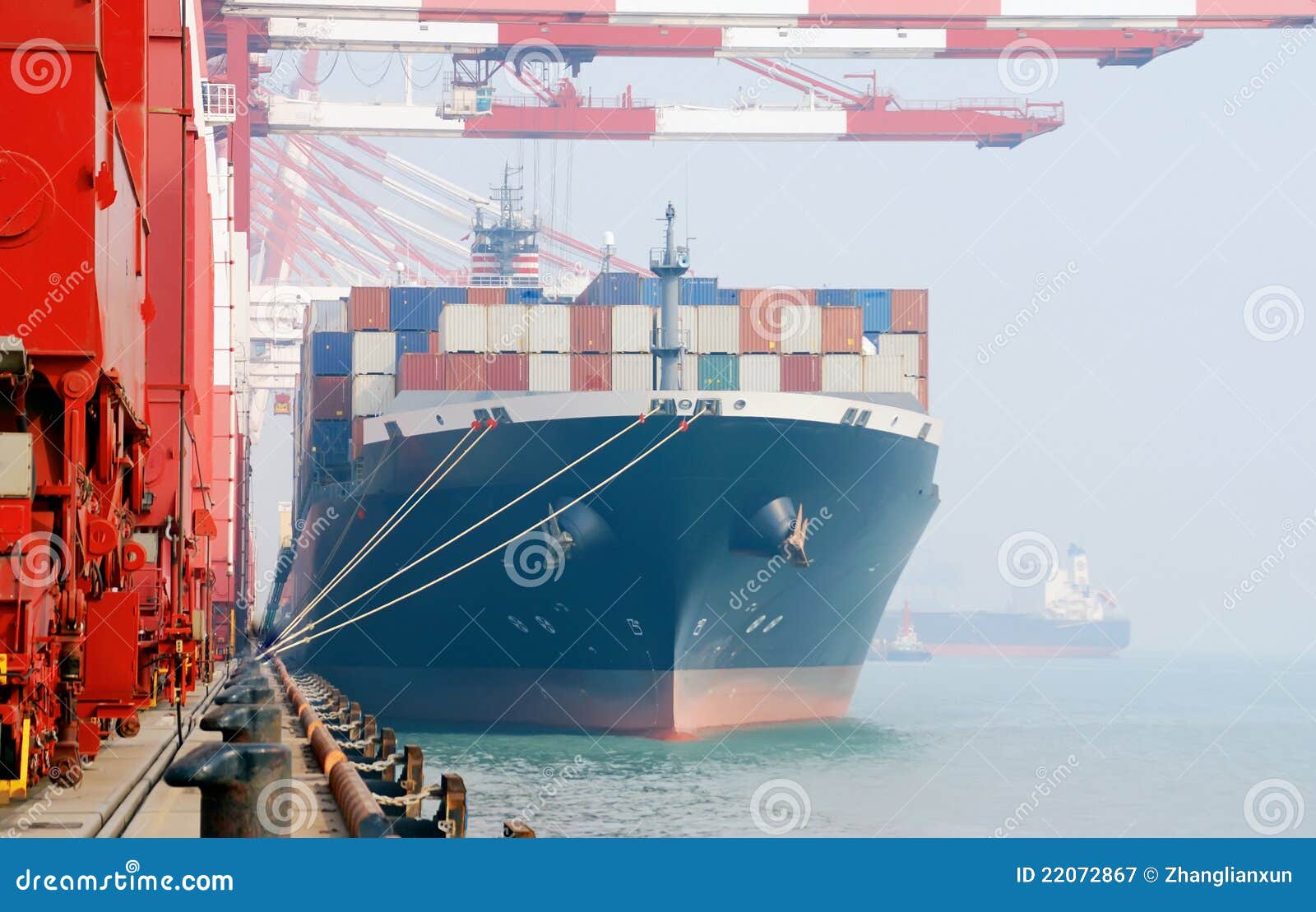 Container Terminal, Container Ship Discharge Cargo At Port. Quay Crane ...