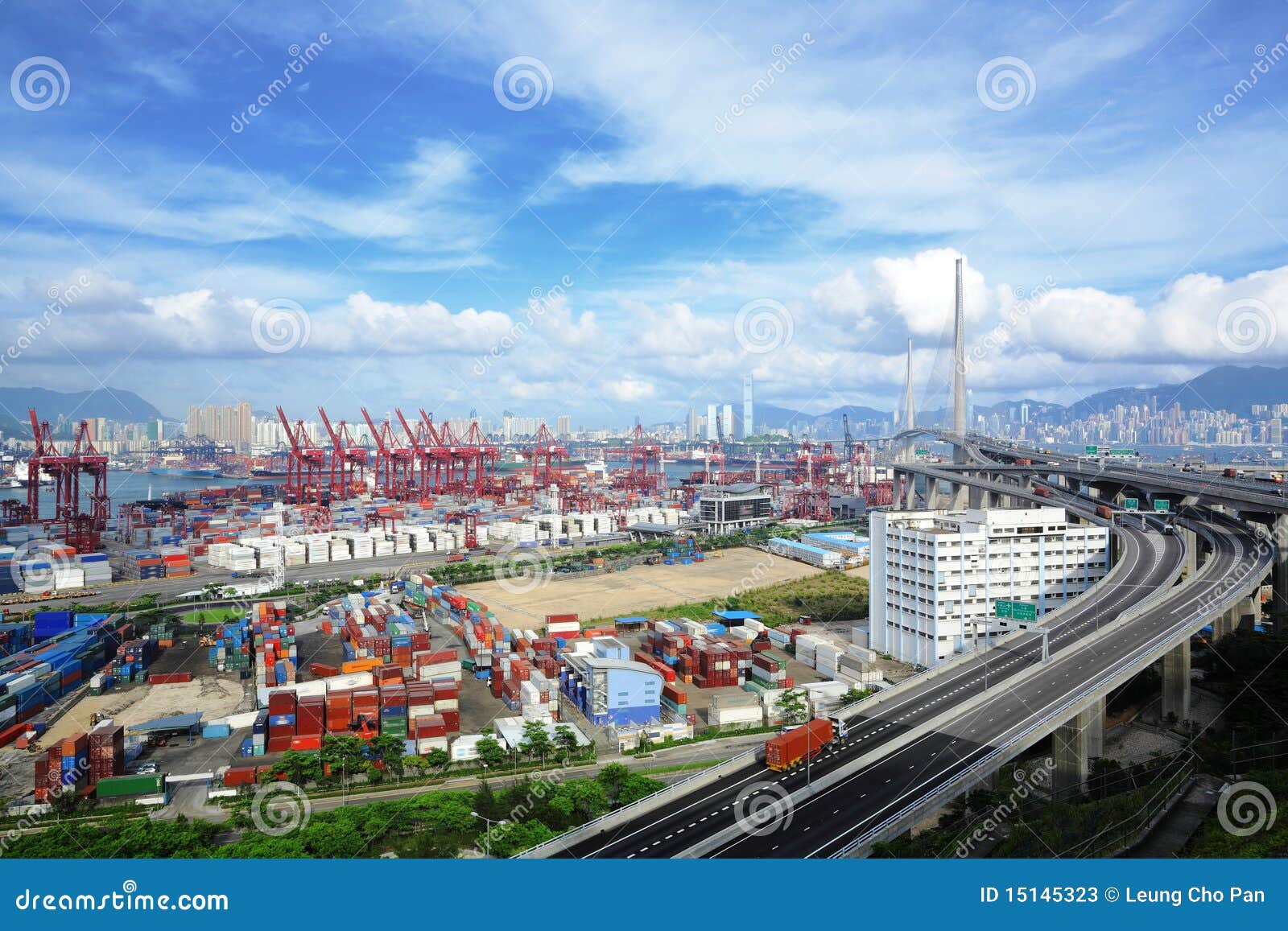 Container Terminal and Bridge Stock Image - Image of international ...