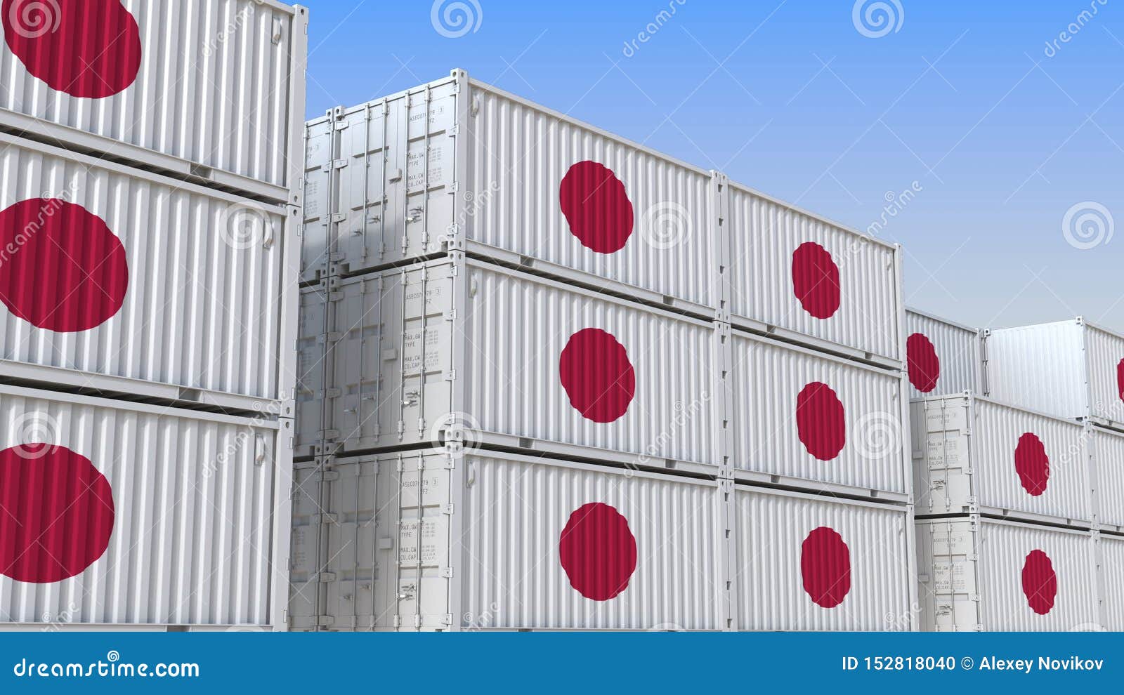 Container Terminal Full Of Containers With Flag Of Japan. Japanese ...