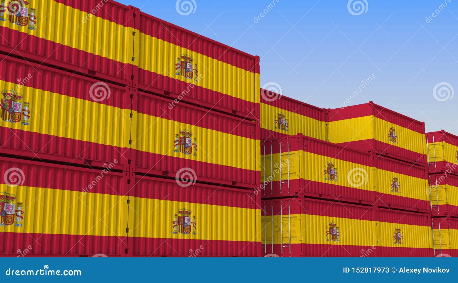 Container Yard Full of Containers with Flag of Spain. Spanish Export or ...