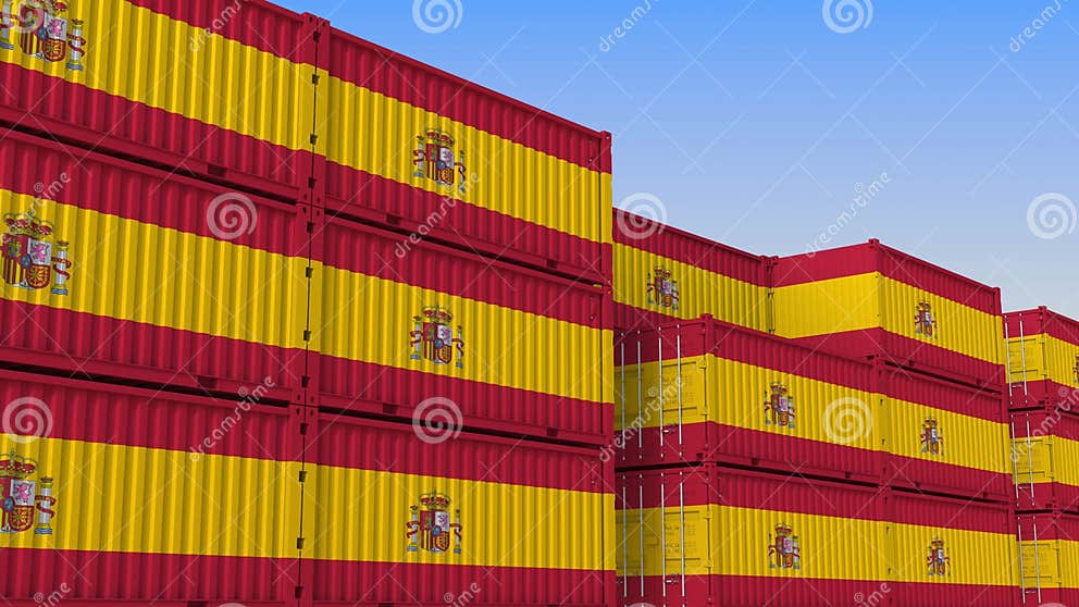 Container Yard Full of Containers with Flag of Spain. Spanish Export or ...