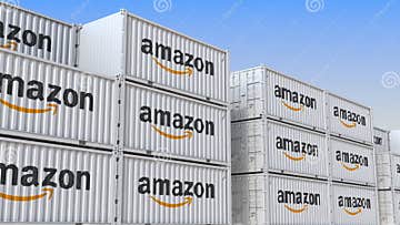 Container Yard Full of Containers with Logo of Amazon. Shipment, Export ...