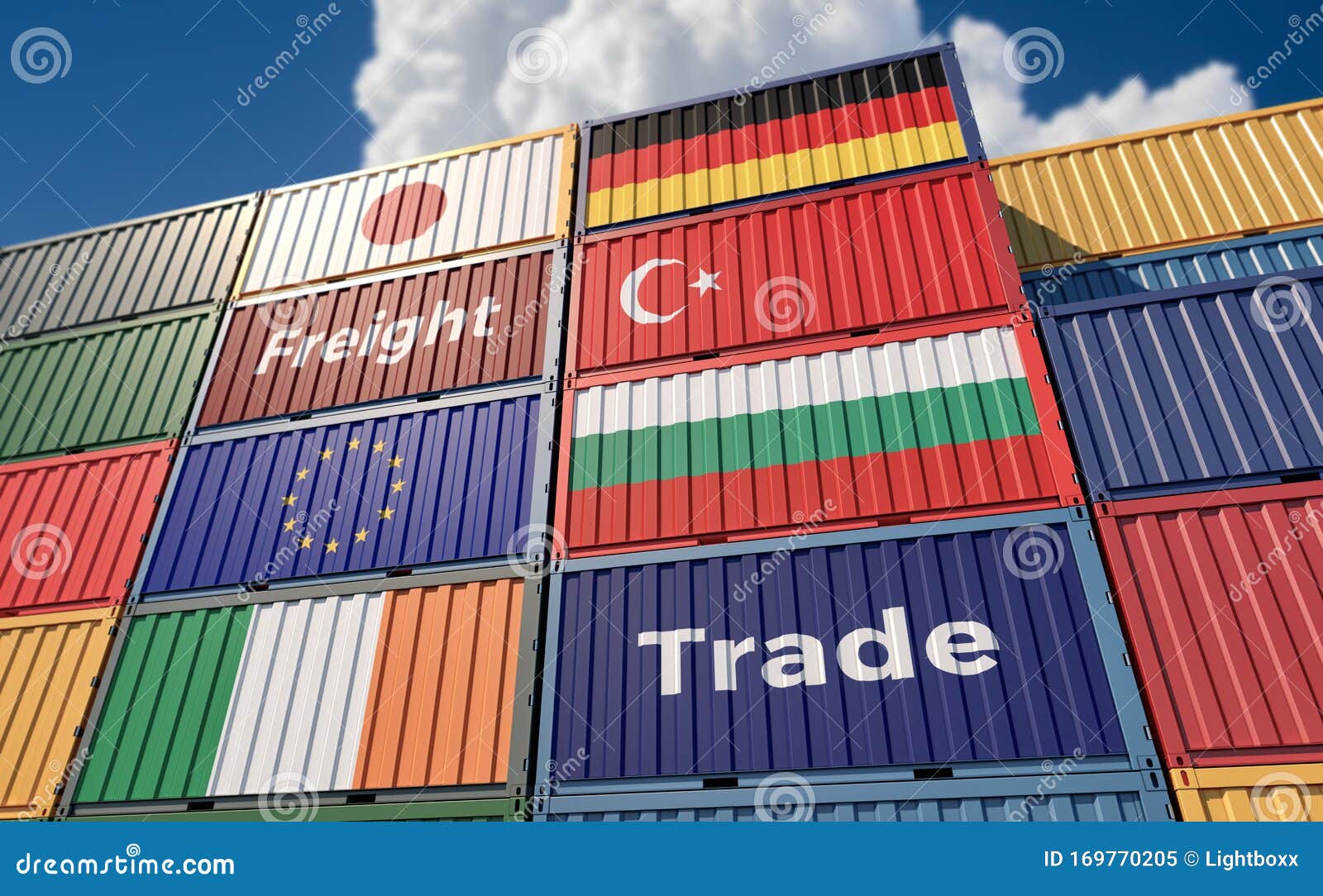 Container Terminal - Freight Container with Different National Flag ...