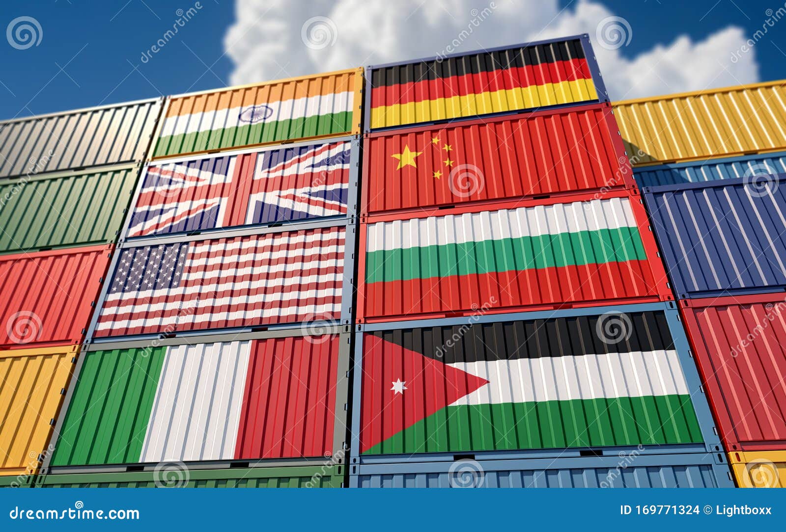 Container Terminal - Freight Container with Different National Flag ...
