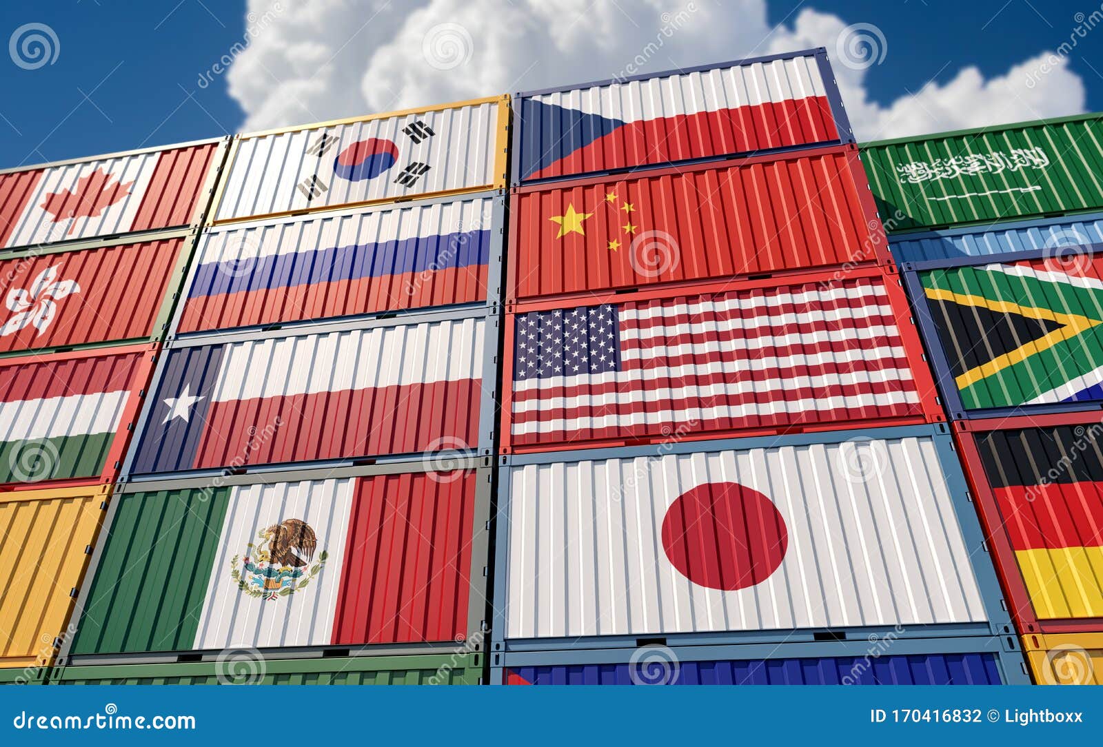 Container Terminal - Freight Container with Different National Flag ...