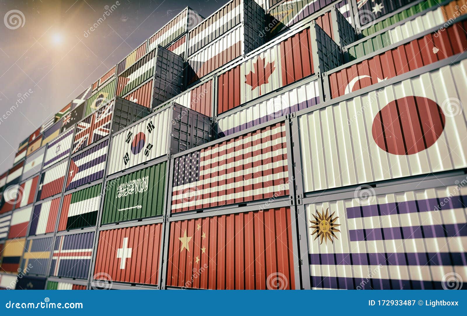 Container Terminal - Freight Container with Different National Flag ...
